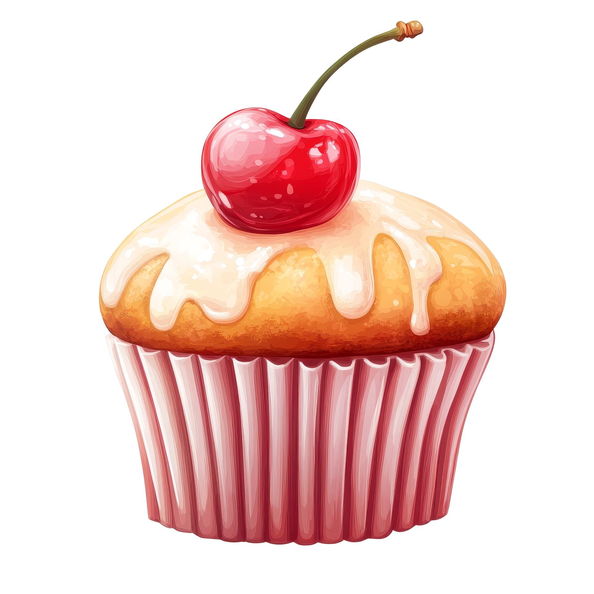Delicious isolated muffin topped with a shining cherry and creamy glaze against a transparent ...