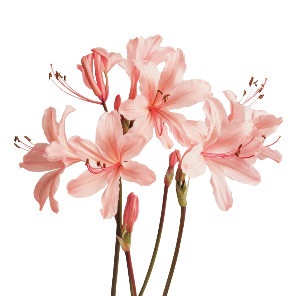 Delicate Nerine flowers bloom gracefully against a flat transparent background showcasing their ...