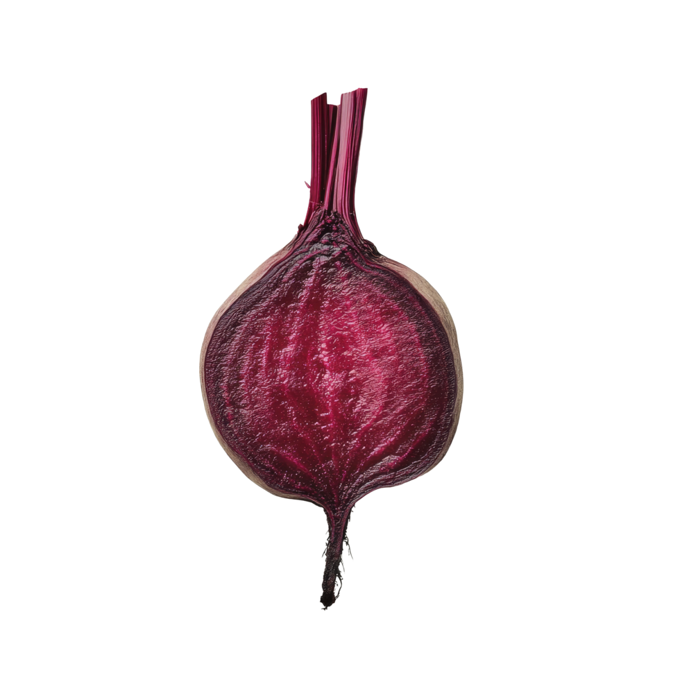 Half of a fresh beetroot displayed on a transparent background, highlighting its vibrant color ...