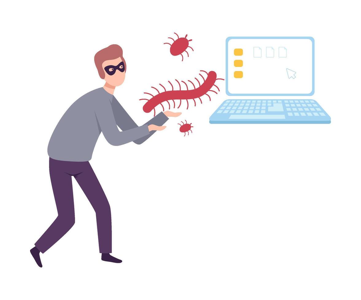 Masked Hacker Stealing Privacy Data From Laptop Using Virus And Bugs