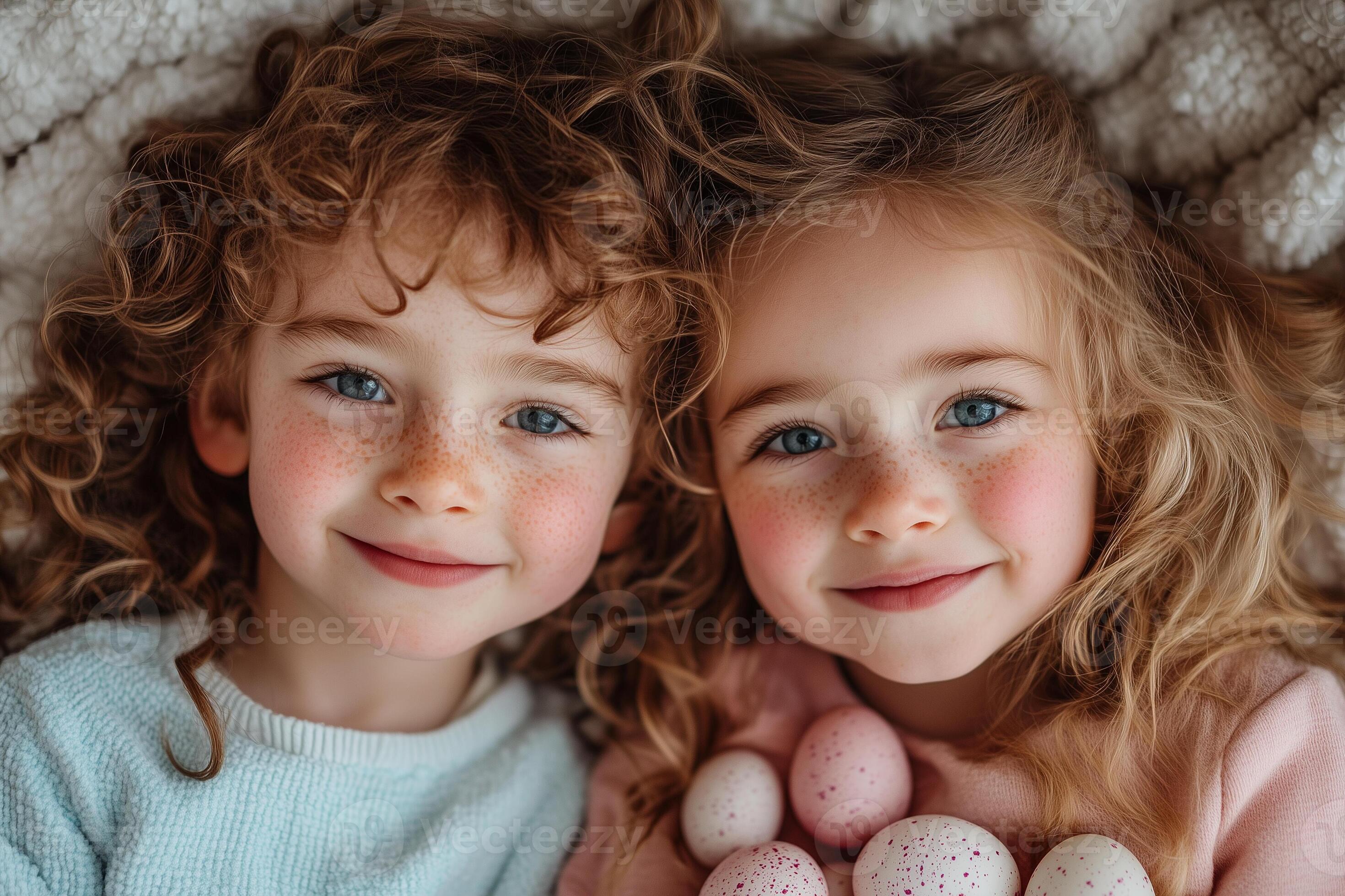 Redhead twin sisters resting on blanket, holding colorful easter eggs during festive holiday ...