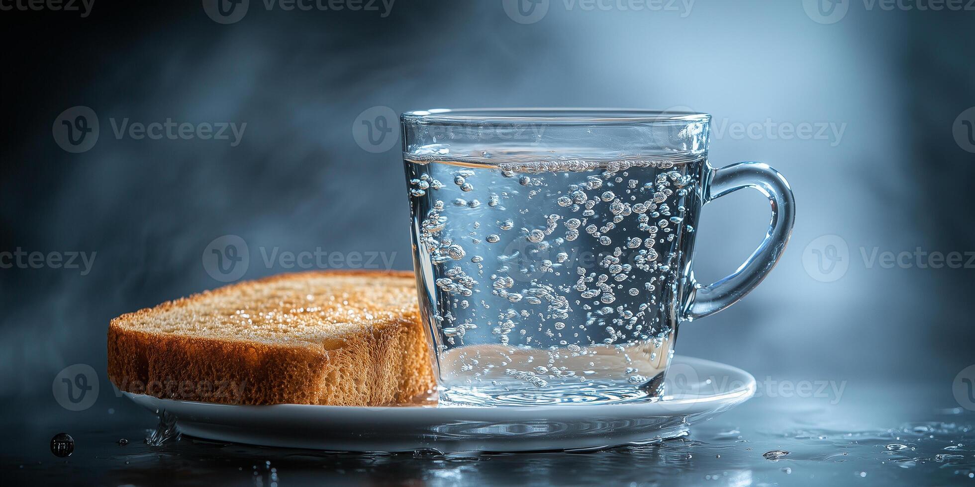 Glass of sparkling water with bubbles and slice of toasted bread on white saucer, promoting ...