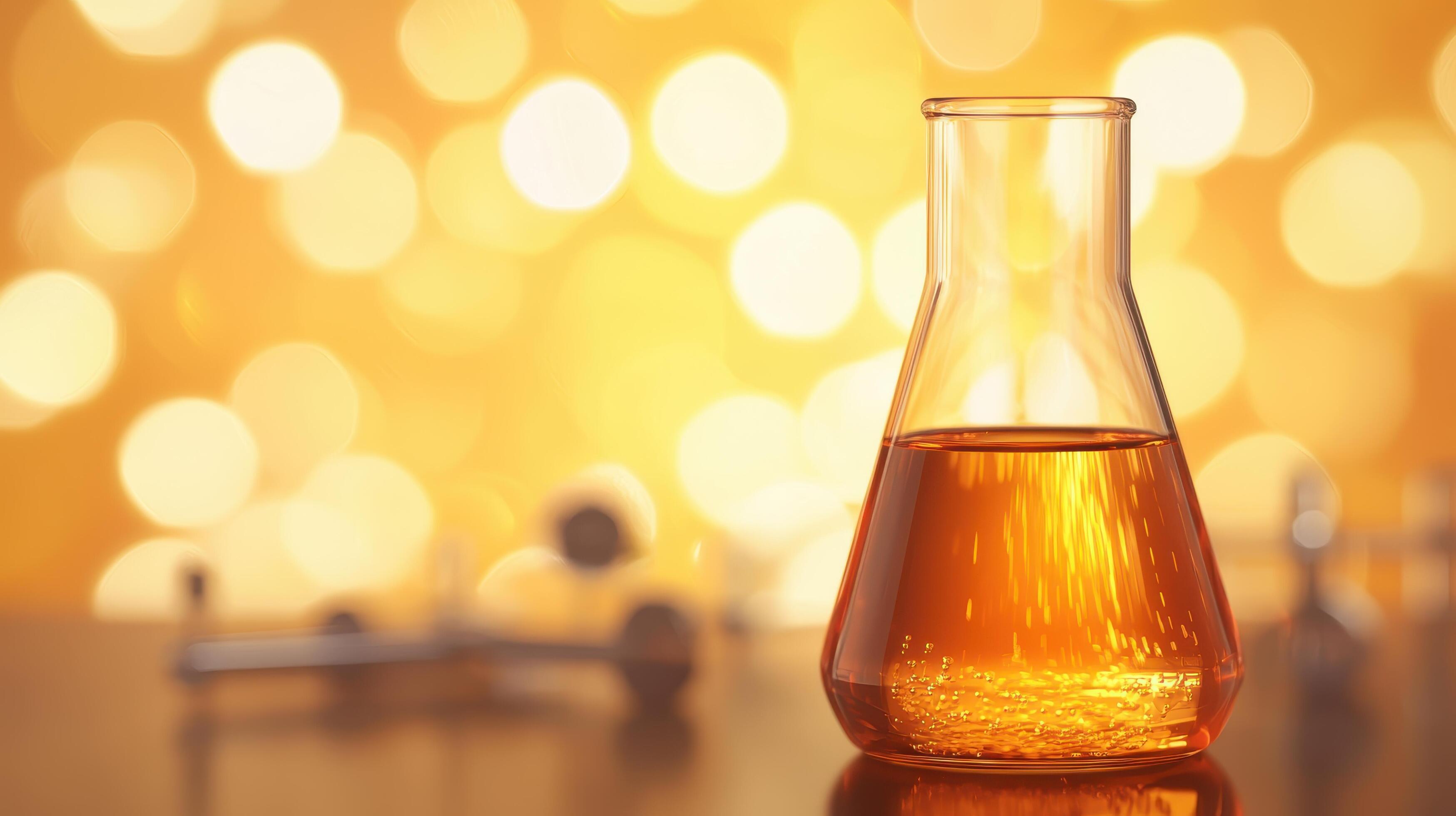 Laboratory experiment with amber liquid in flask bright bokeh ...
