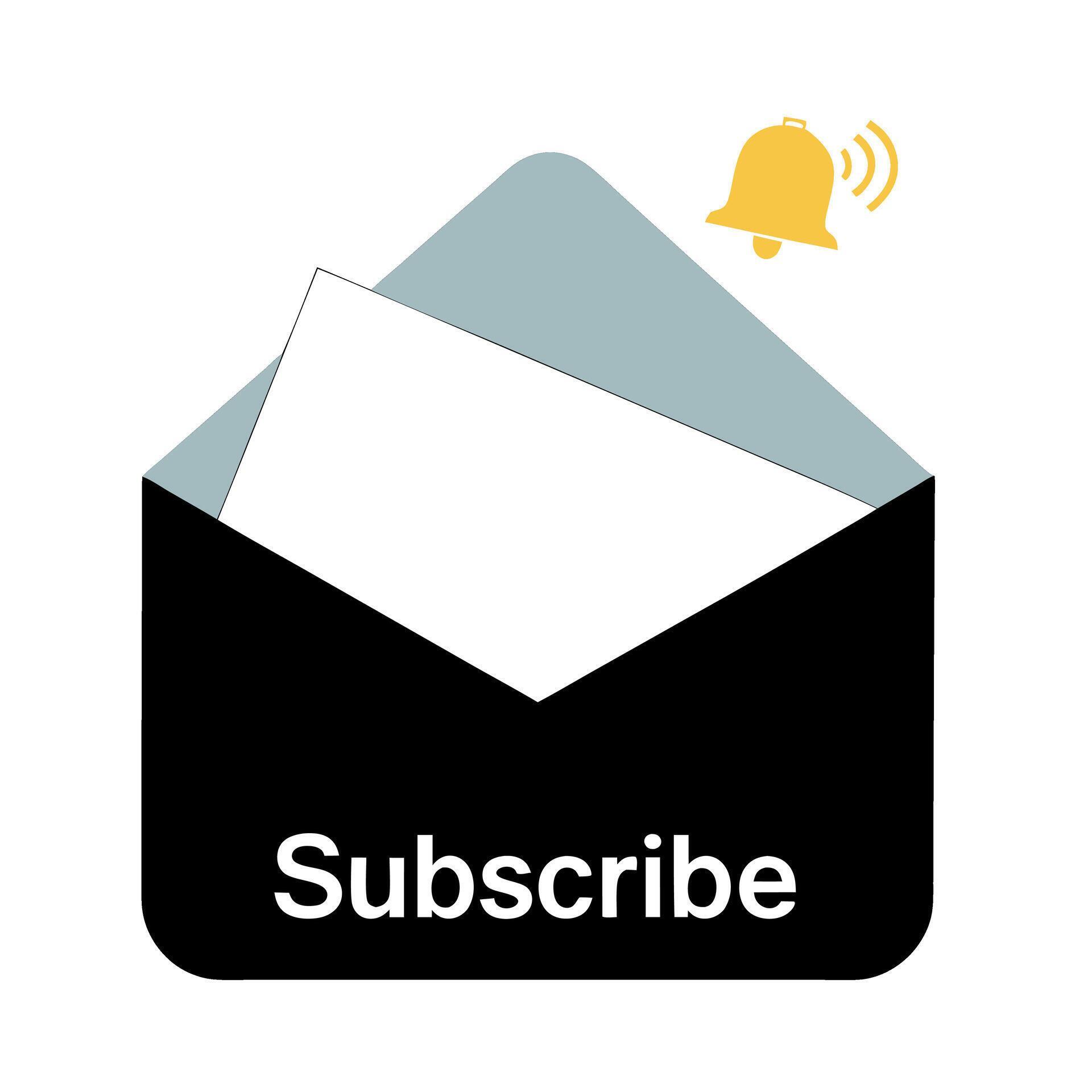 Subscription concept with an envelope, a bell notification, and the word subscribe, symbolizing ...