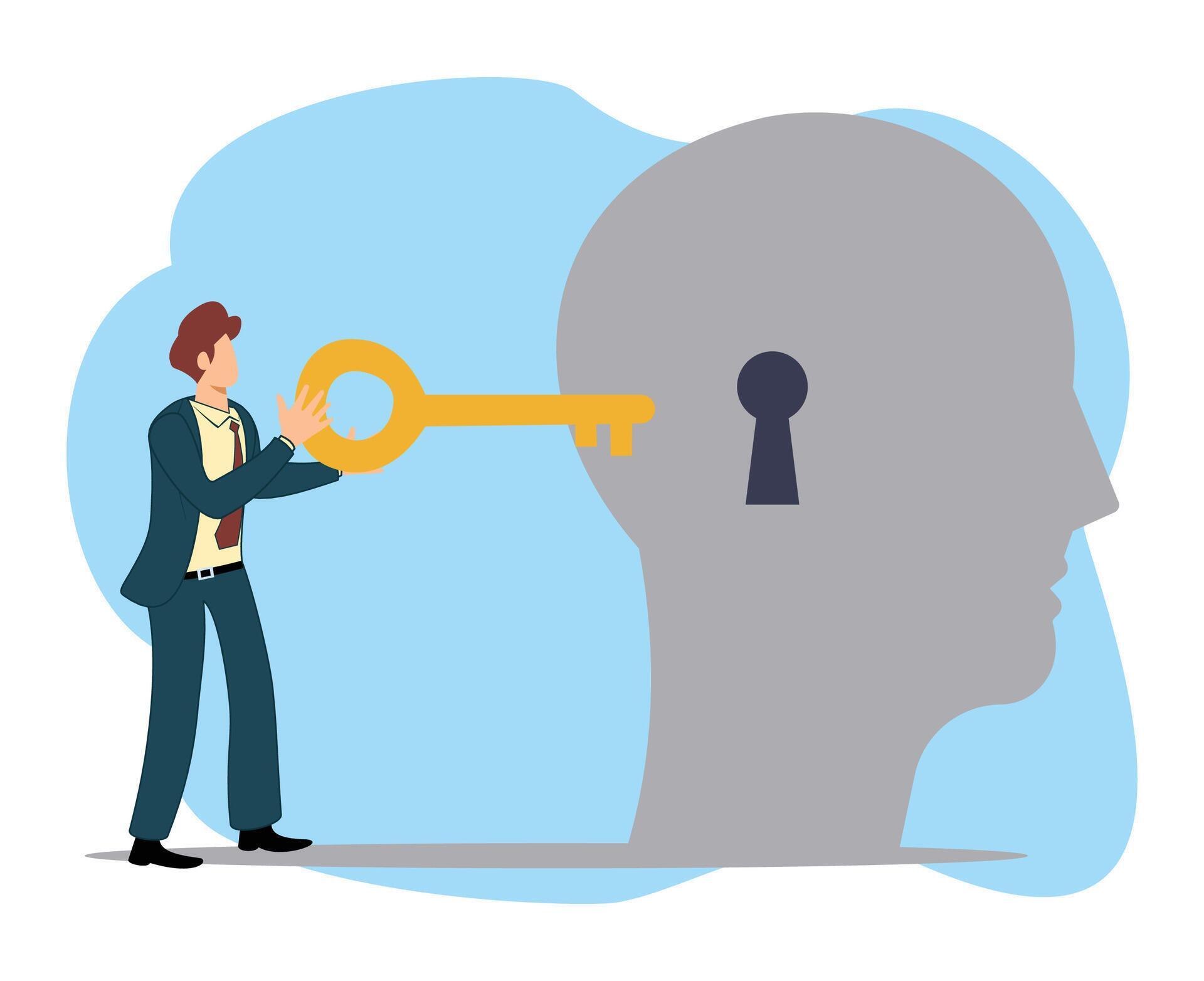 smart businessman holding golden key to be inserted into lock held on human head silhouette ...
