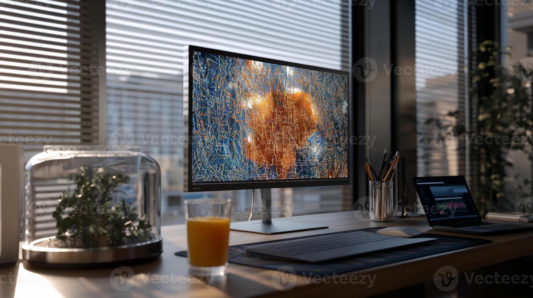 Modern workspace with high-resolution display, showing microscopic image, plant, and digital ...