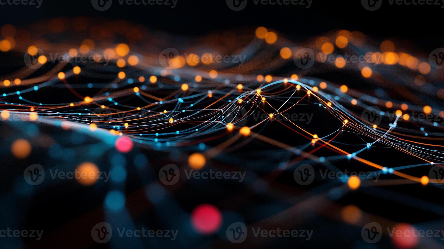 Abstract data network landscape. Interconnected glowing points and ...