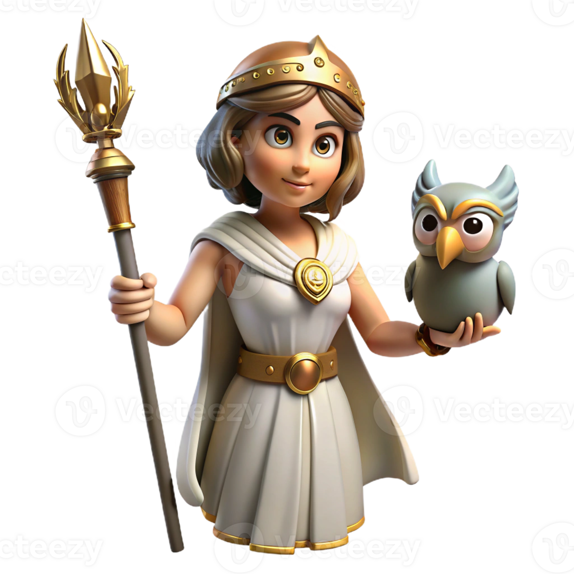 stunning traditional A wise Athena, holding an owl and a spear, her helmet gleaming. Bright ...