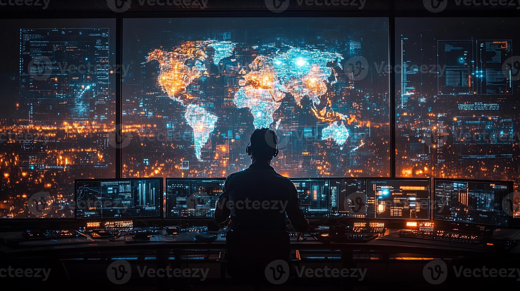 Futuristic command center with technicians monitoring holographic earth projections and global ...