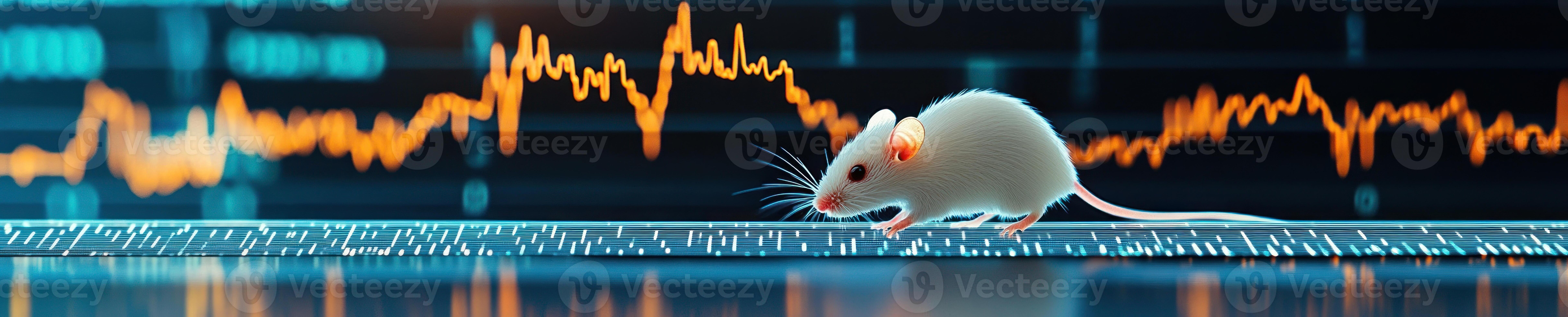 Tiny white mouse scurrying across digital touchscreen with vibrant data visualization 59348764 ...