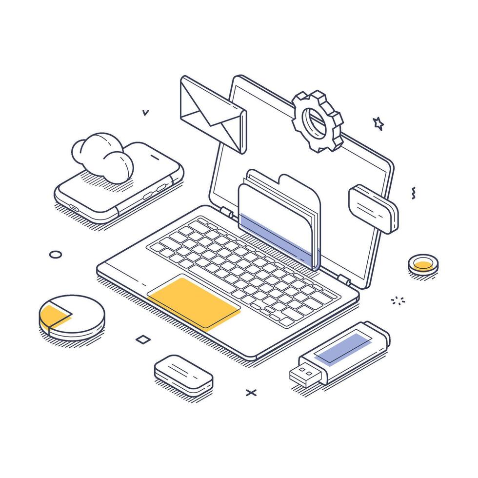 Isometric line art illustration of cloud storage concept and digital workspace elements 59358776 ...