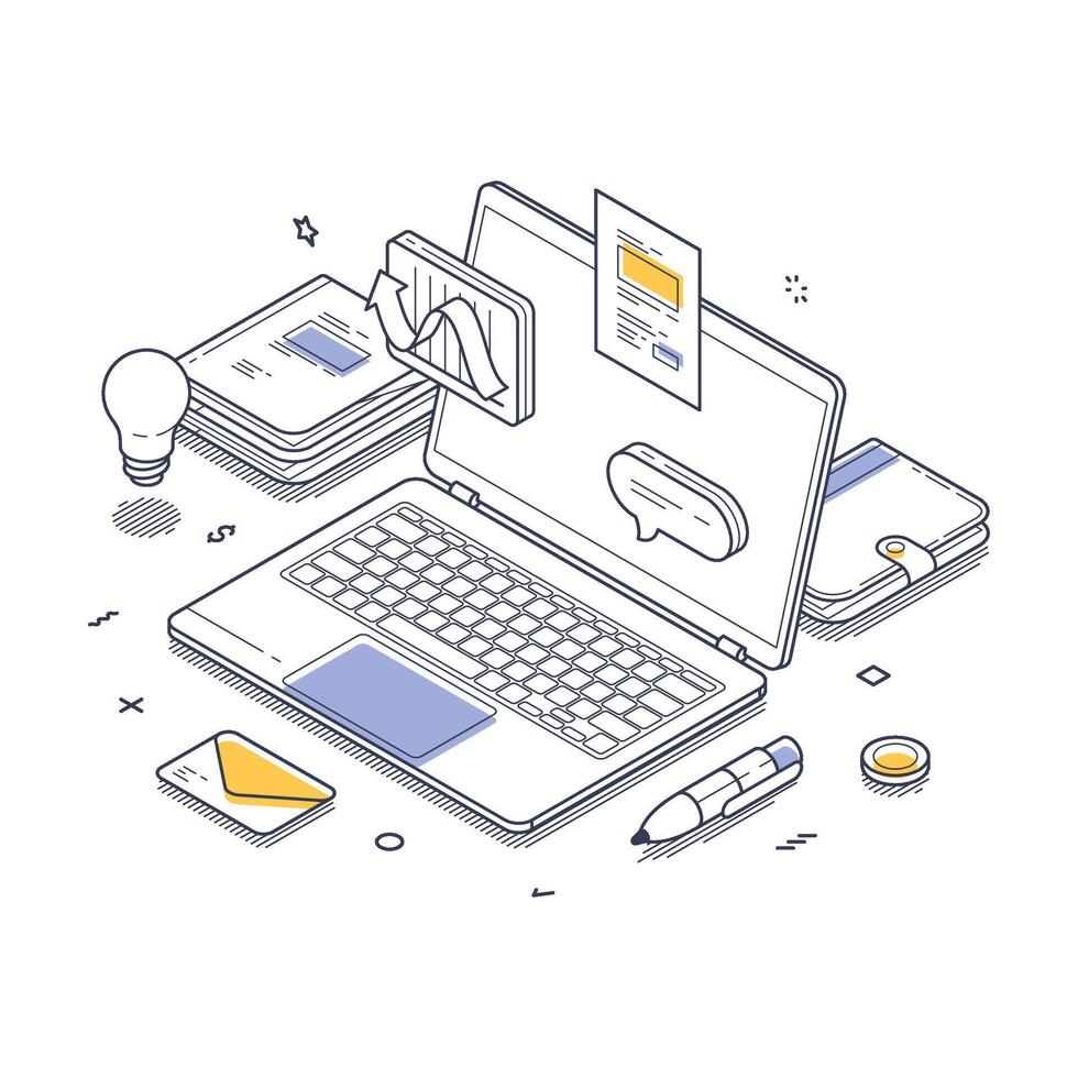 Creative workspace for remote work featuring isometric line art and minimal design elements ...