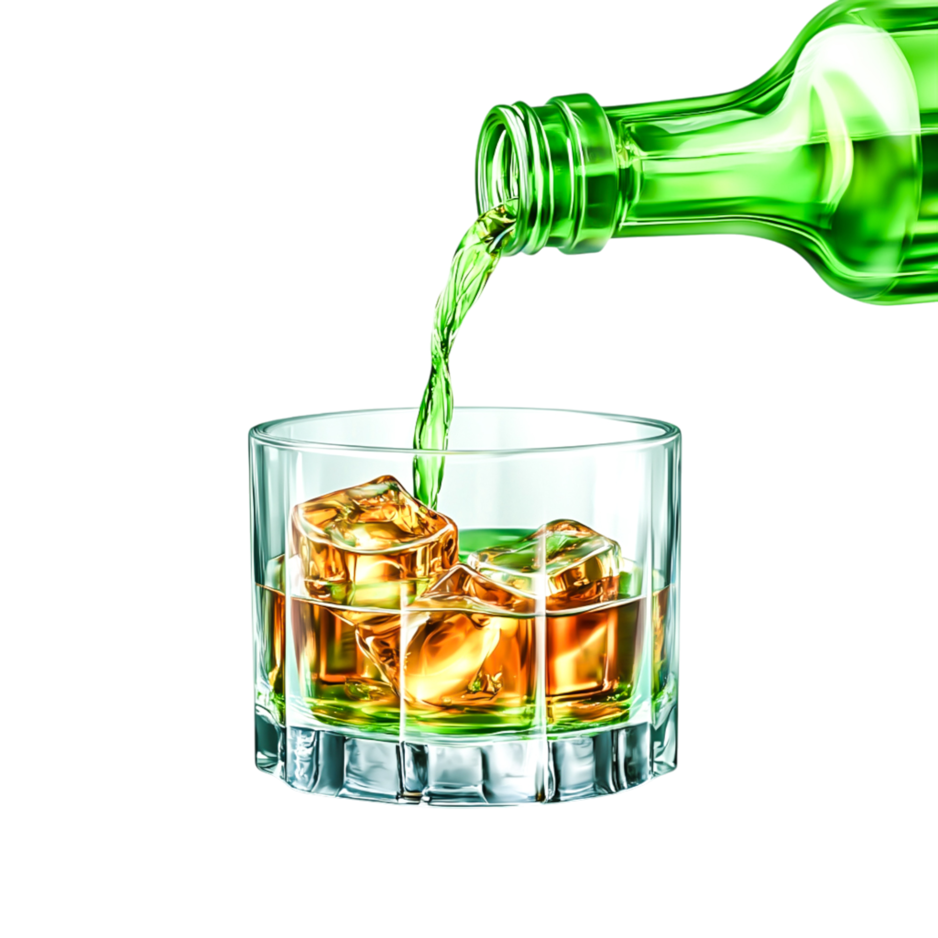 Crisp Green Bottle Pouring Golden Liquid into Glass with Ice Cubes 59367341 PNG