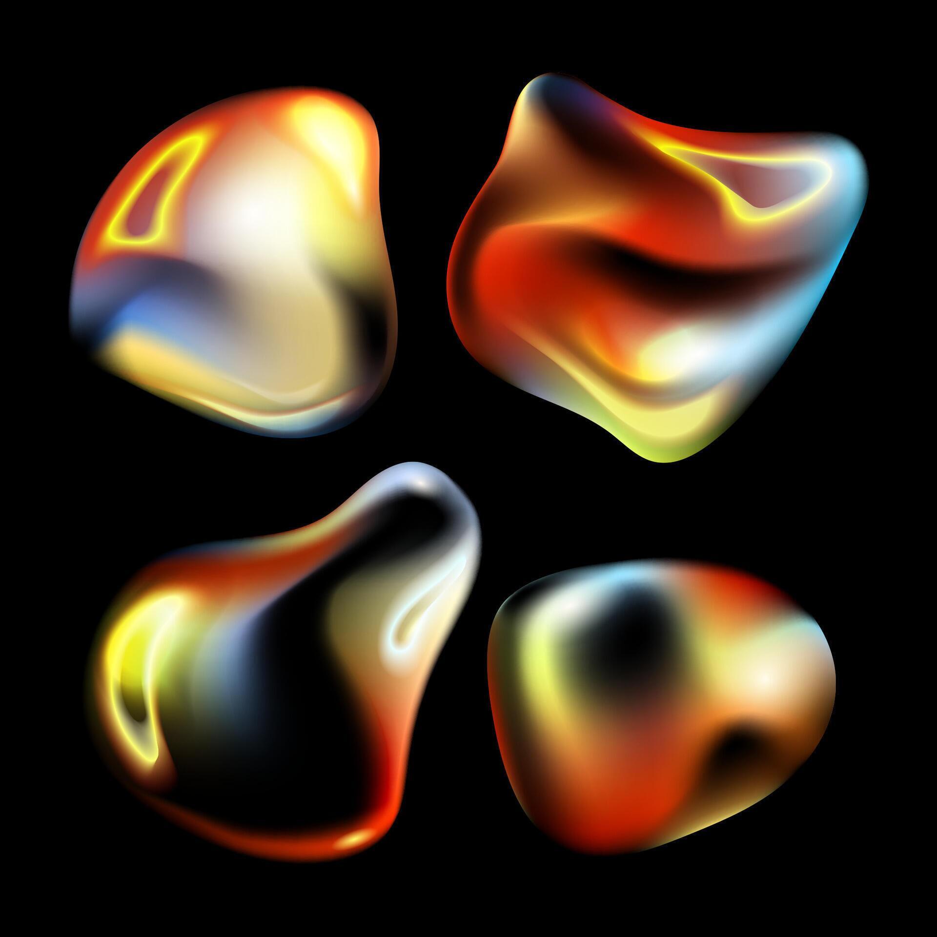 Abstract fluid bubbles Blobs shapes set with glowing gradients and smooth surfaces on a black ...