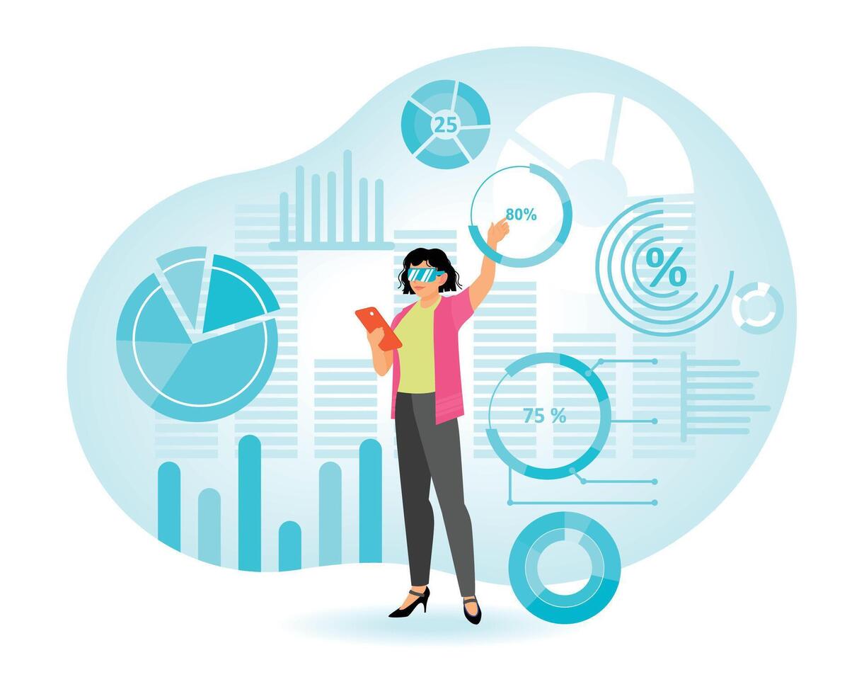 Businesswoman analyzing modern data visualizations with interactive ...
