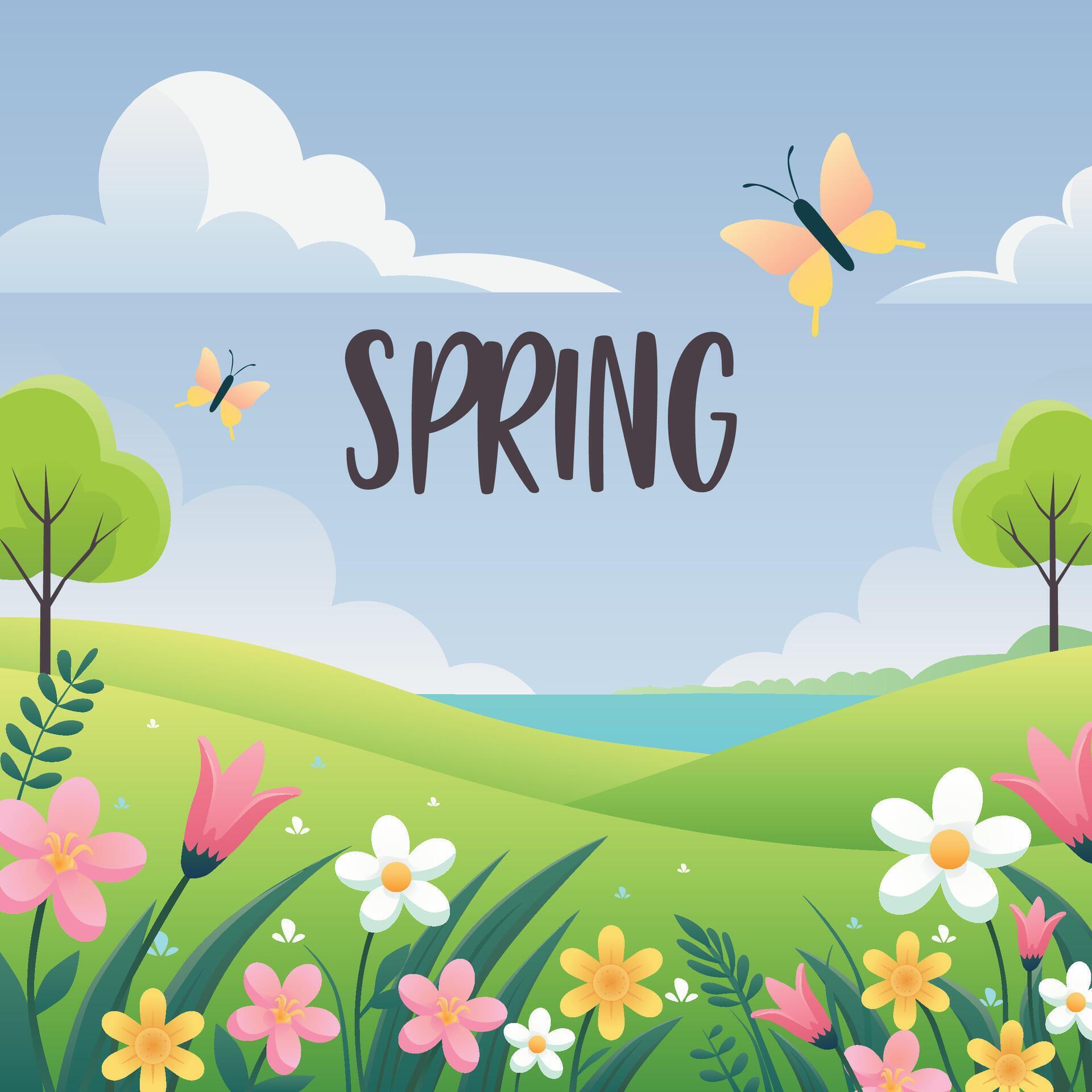 Spring Scene Landscape Flat Illustration with Flowers and Butterflies ...