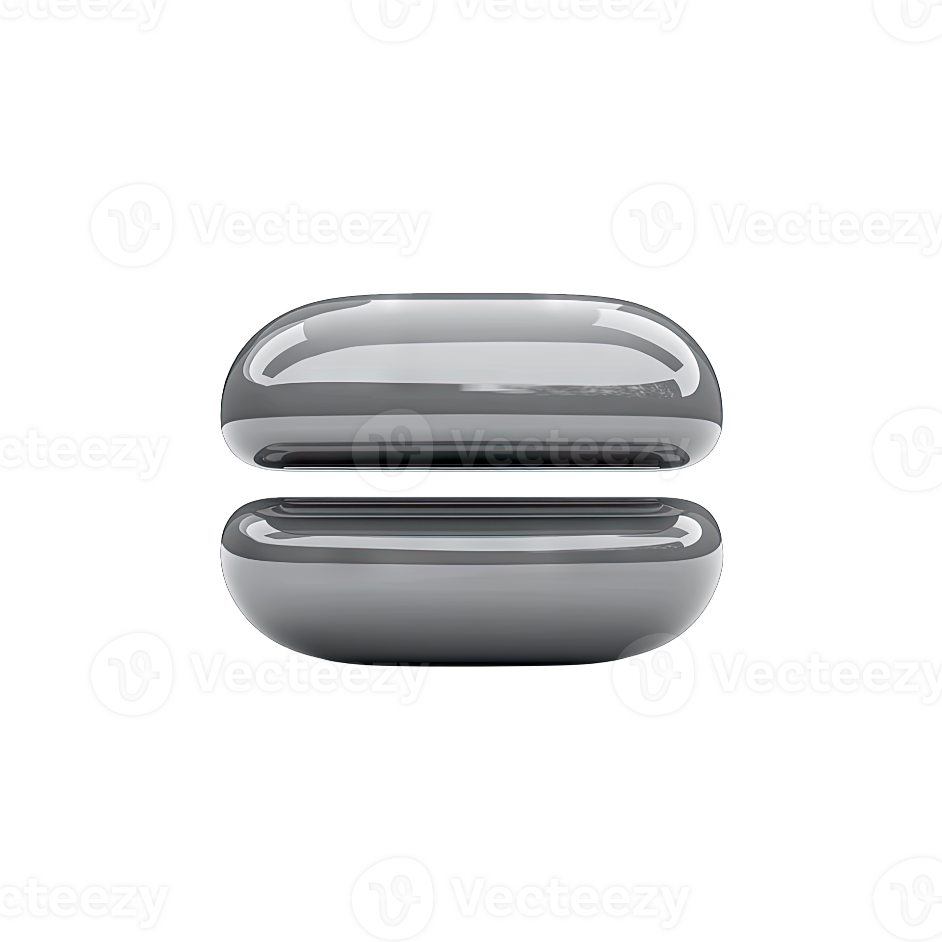 Two glossy gray objects stacked with space between them on a plain studio shot transparent ...