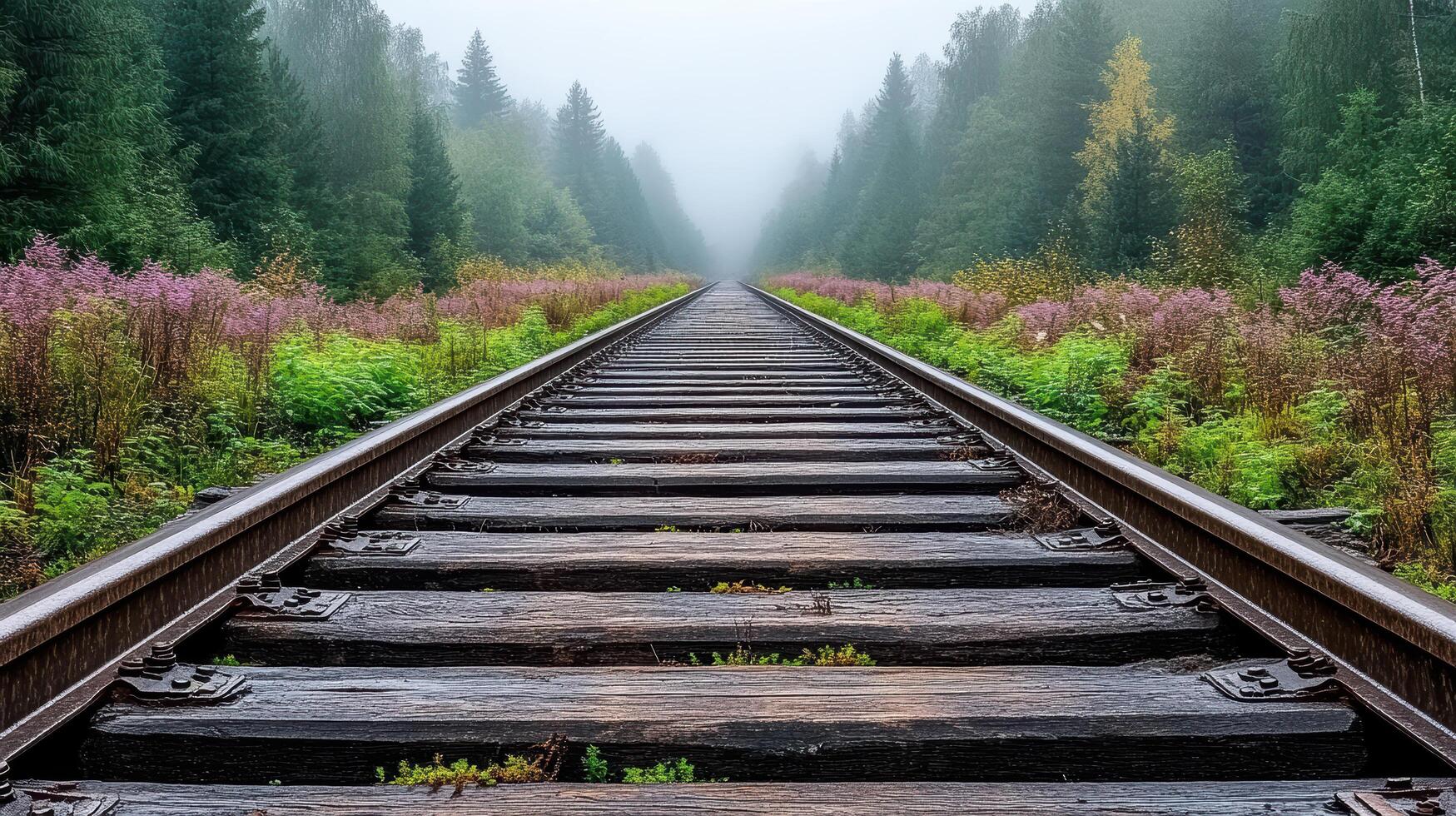 mysterious railway track disappearing into fog, surrounded by lush greenery and wildflowers ...