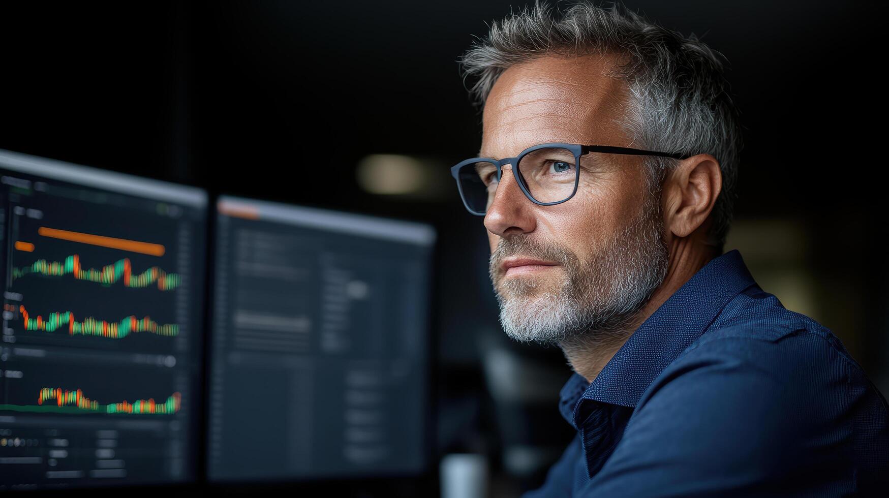 focused business professional analyzing data dual monitors, showcasing financial graphs and ...