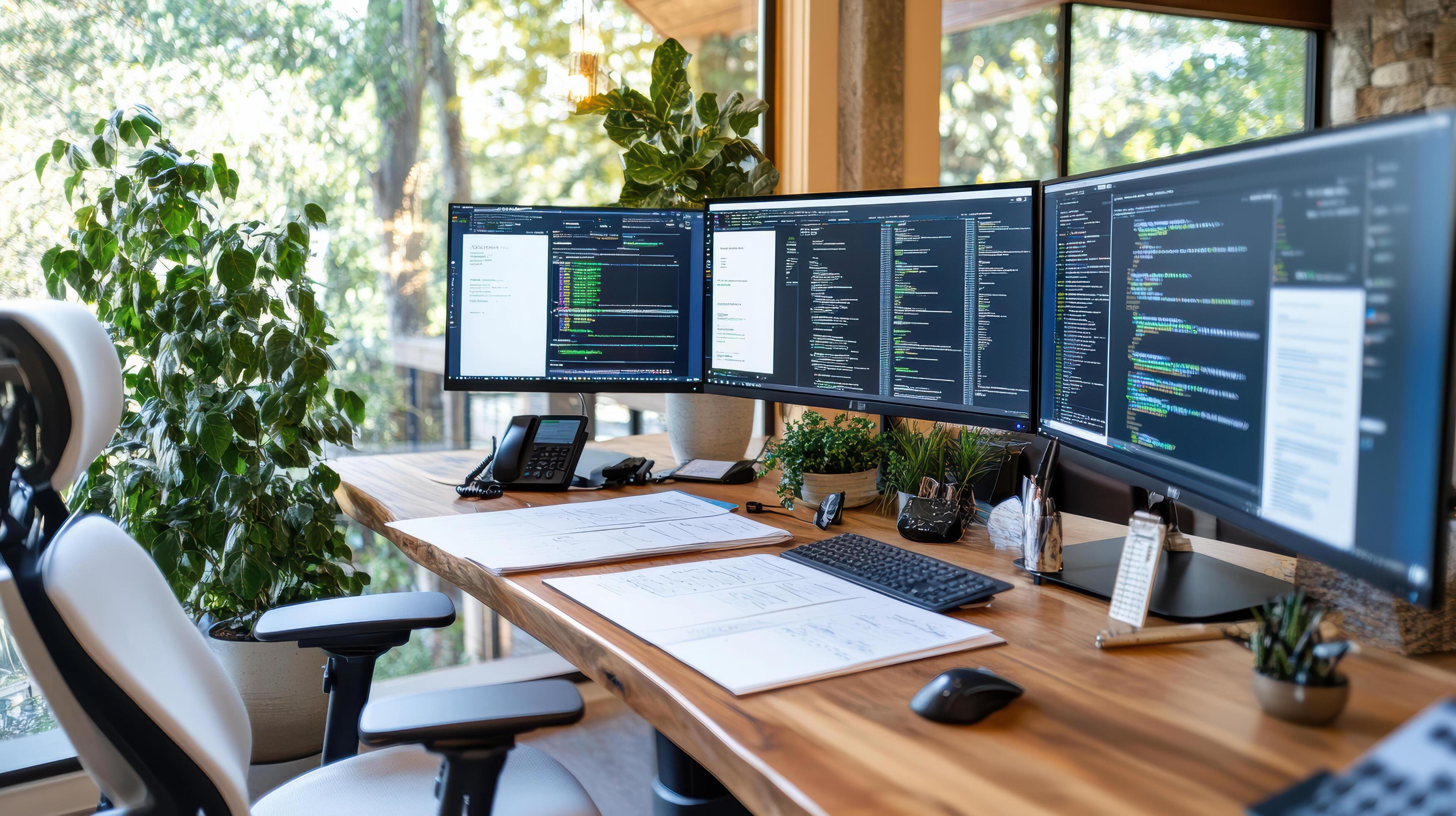 modern workspace featuring multiple screens, coding, and greenery ...