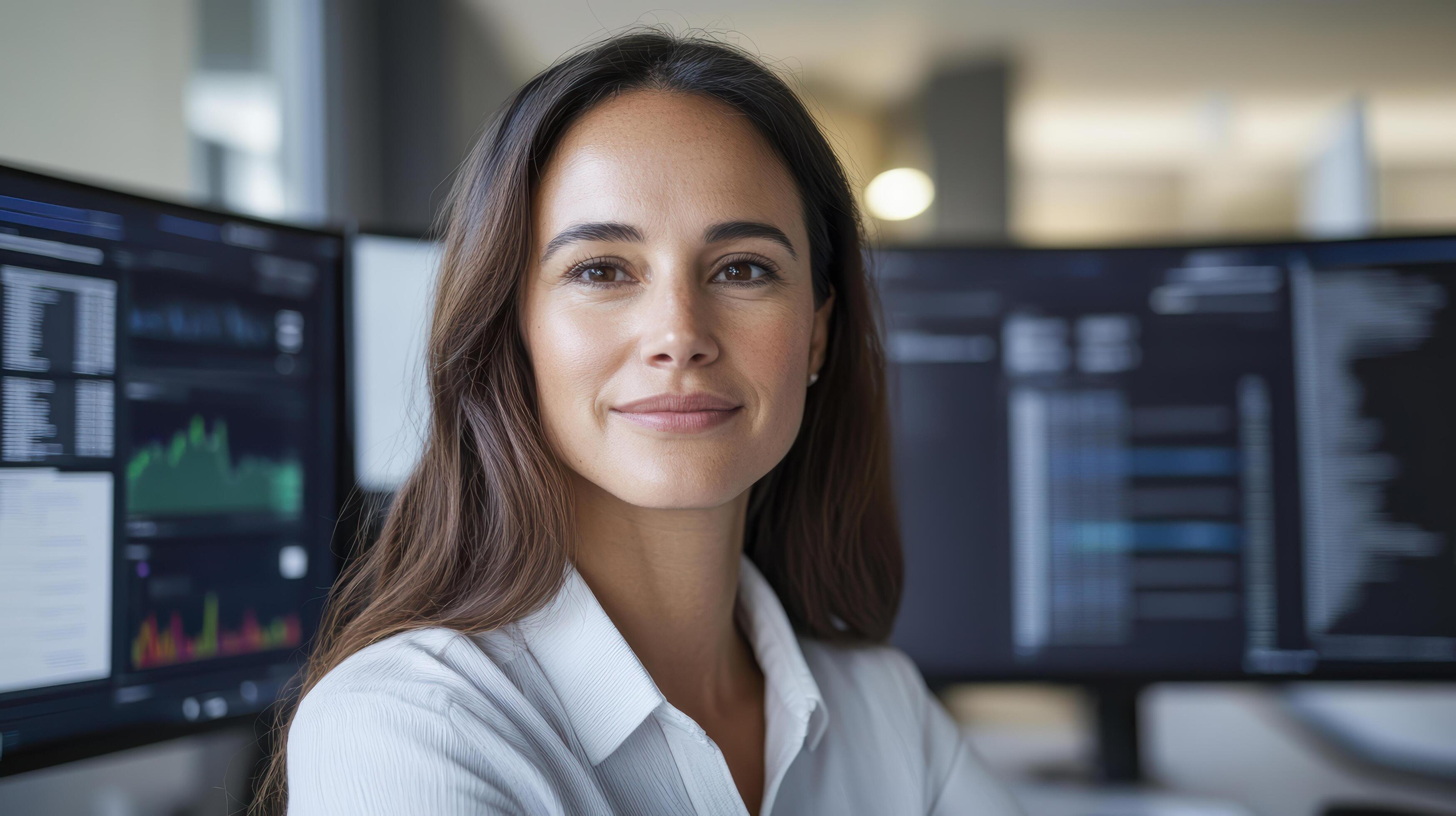 confident professional woman modern office setting, surrounded by ...