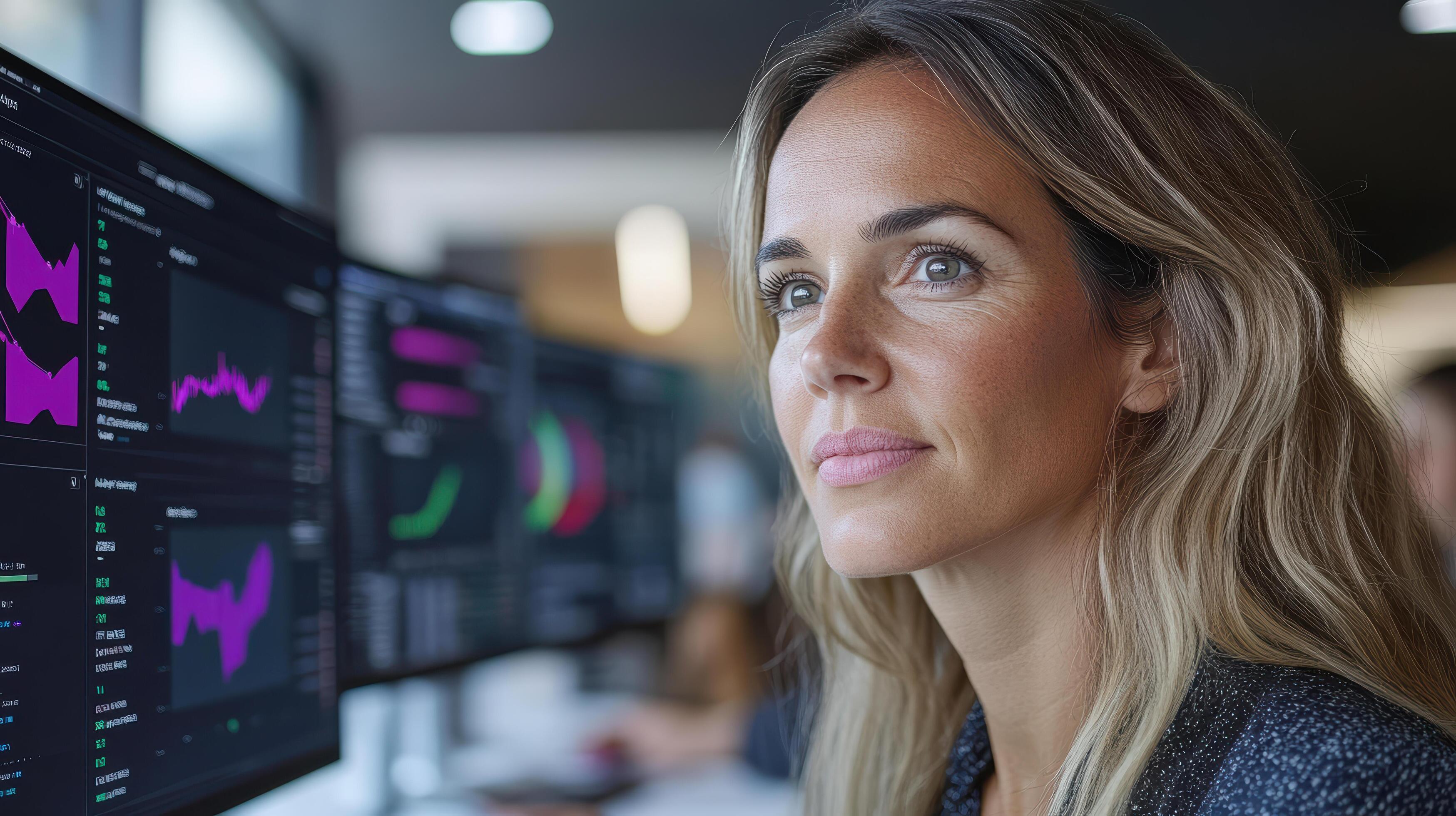 focused professional analyzing data on multiple screens, showcasing financial graphs and trends ...
