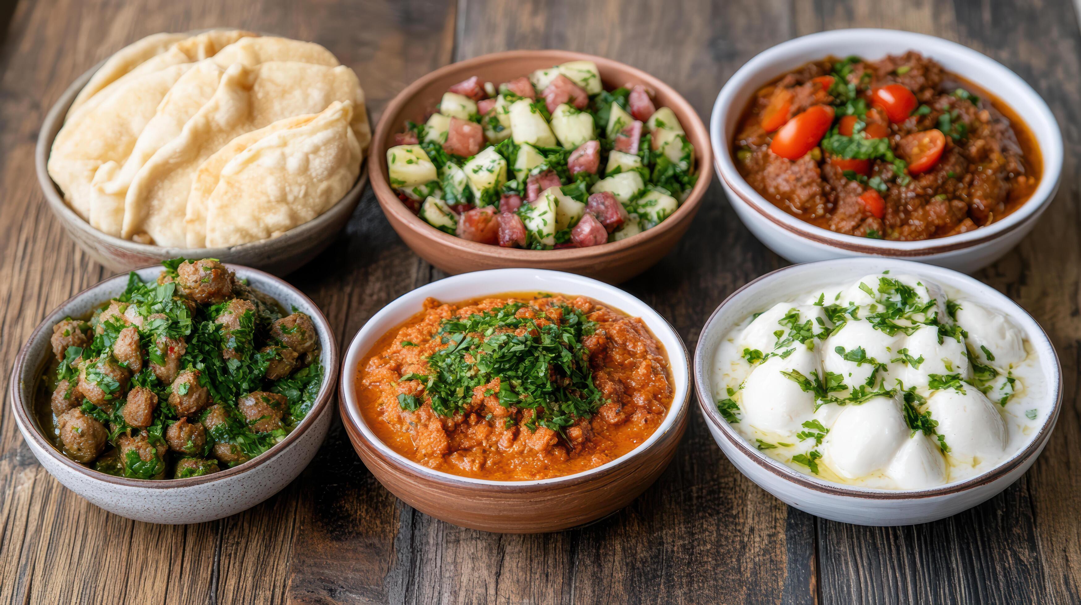 Delicious Lebanese mezze featuring various dishes, showcasing vibrant ...