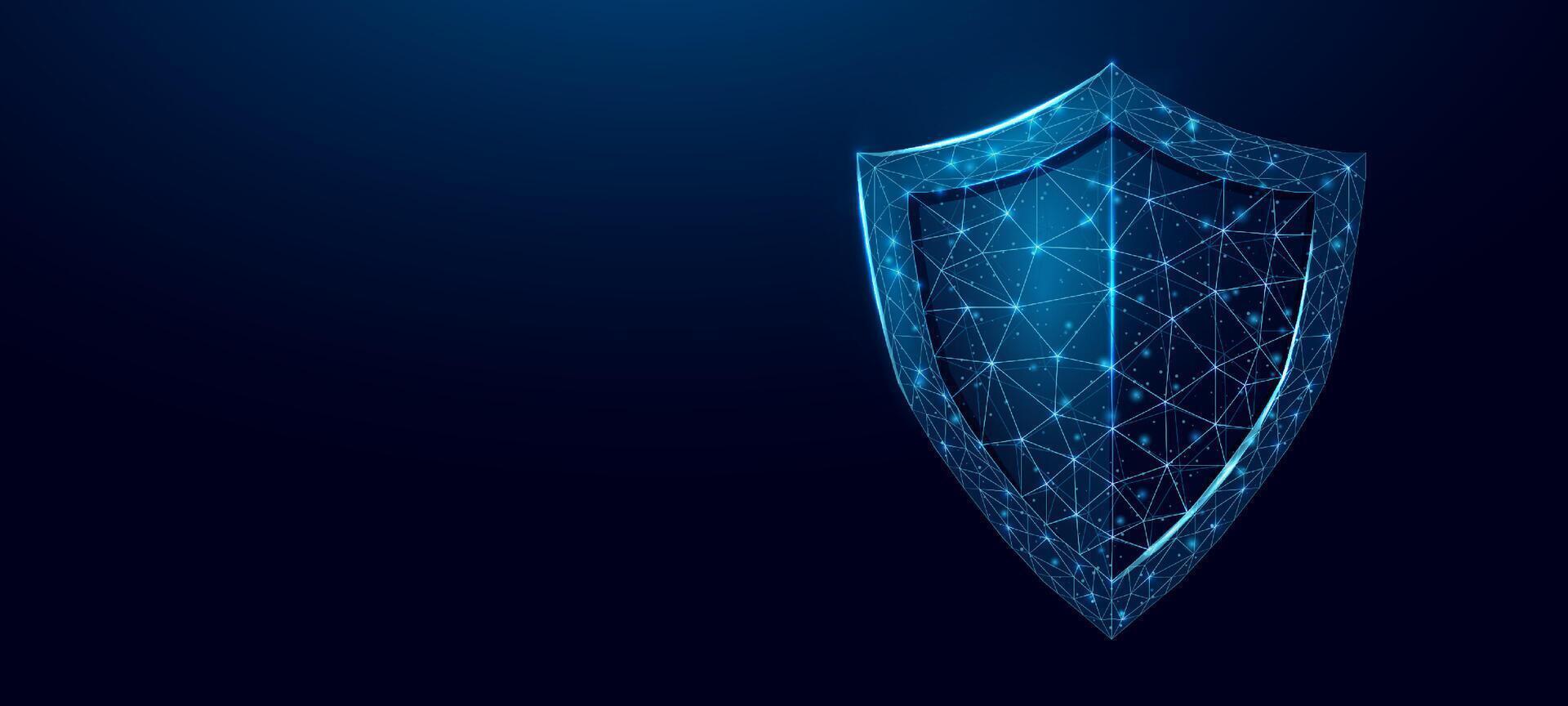 Guard shield. Cyber security concept with glowing low poly shield on dark blue background ...