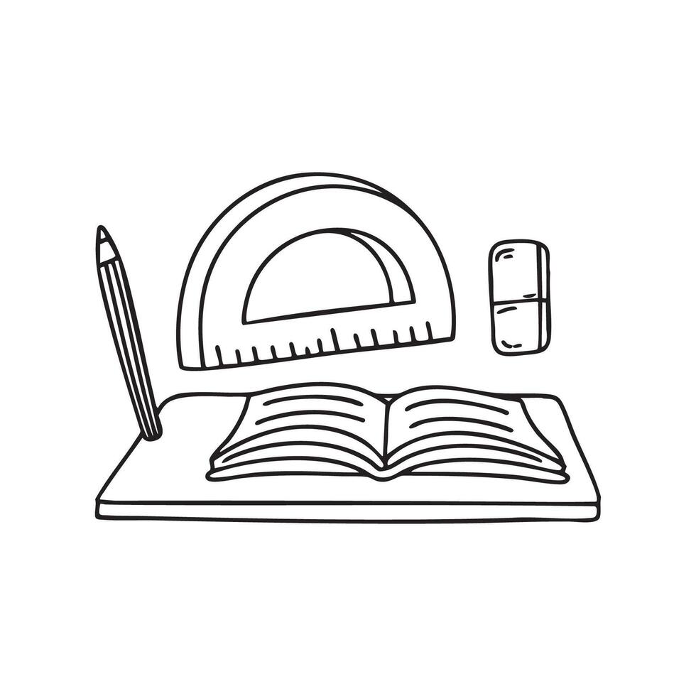 A classroom desk with a protractor, eraser, and open math textbook ...