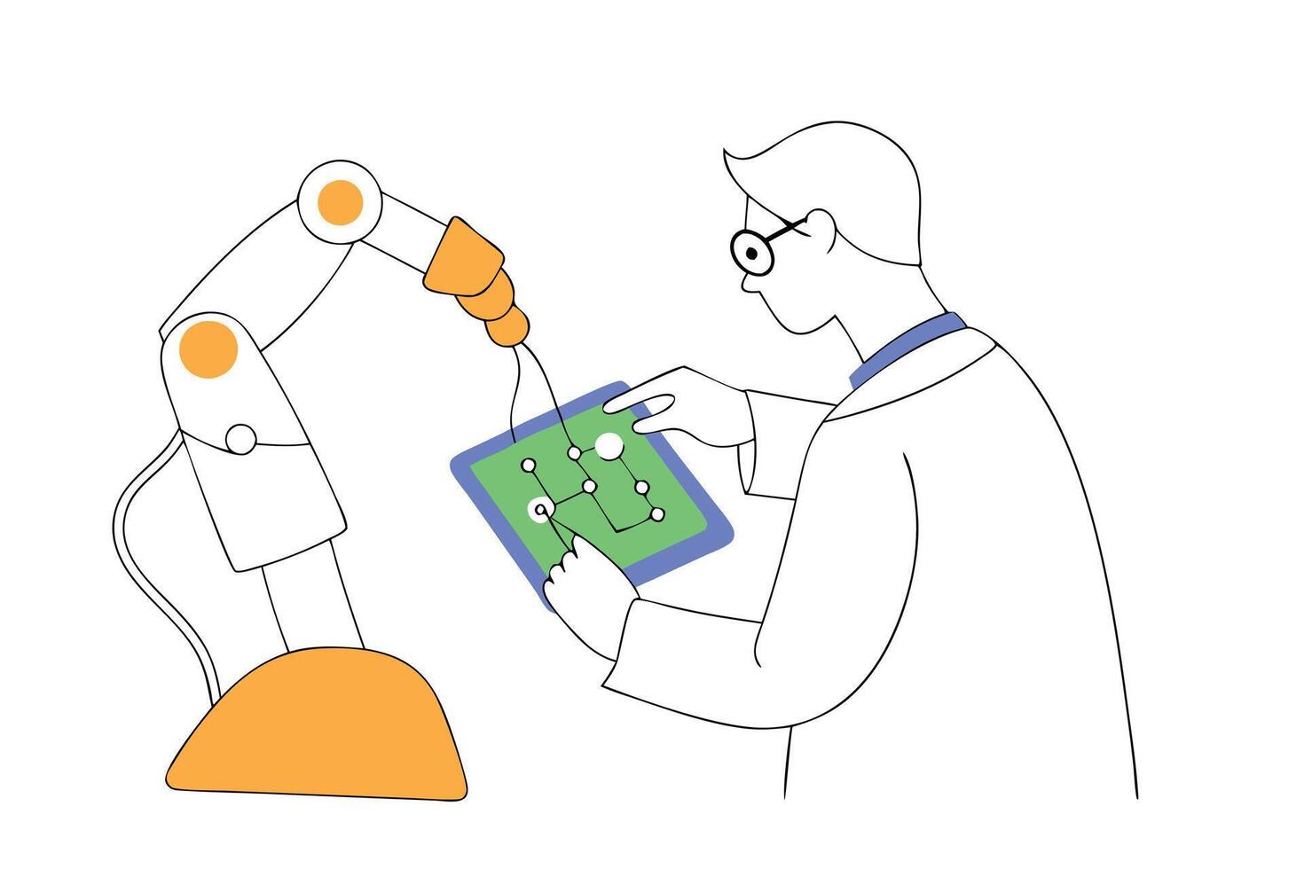 Line Art Style Scientist with Tablet Controlling Robot Arm on White Background 59529414 Vector ...