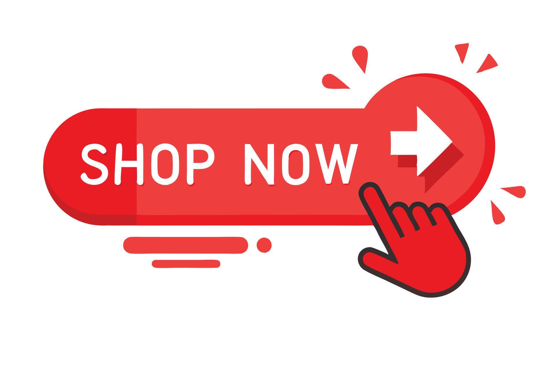 Red Shop Now Button with White Arrow and Hand Cursor on a White ...