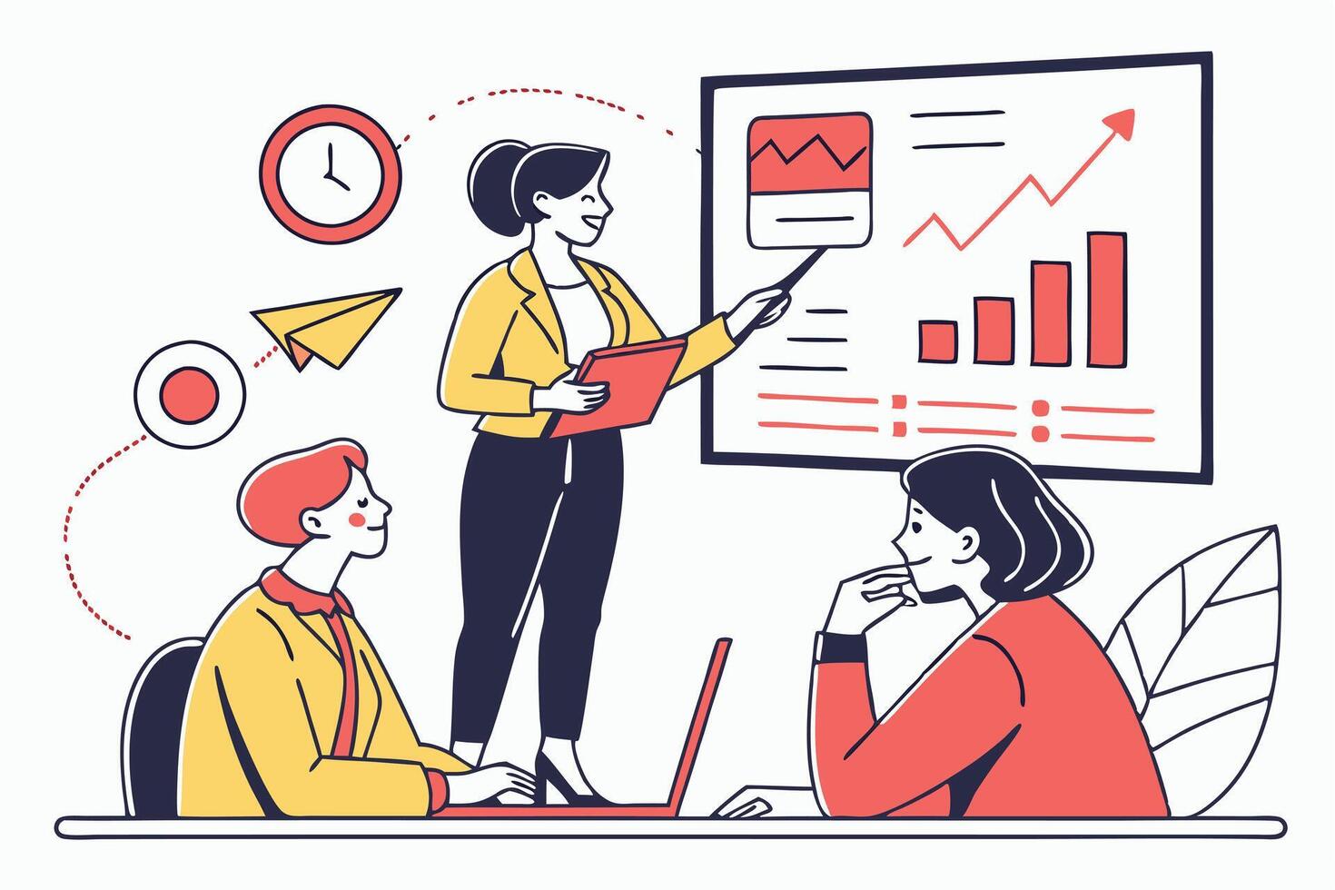 Presenter With Chart Board Explaining Data To Two Colleagues in White ...