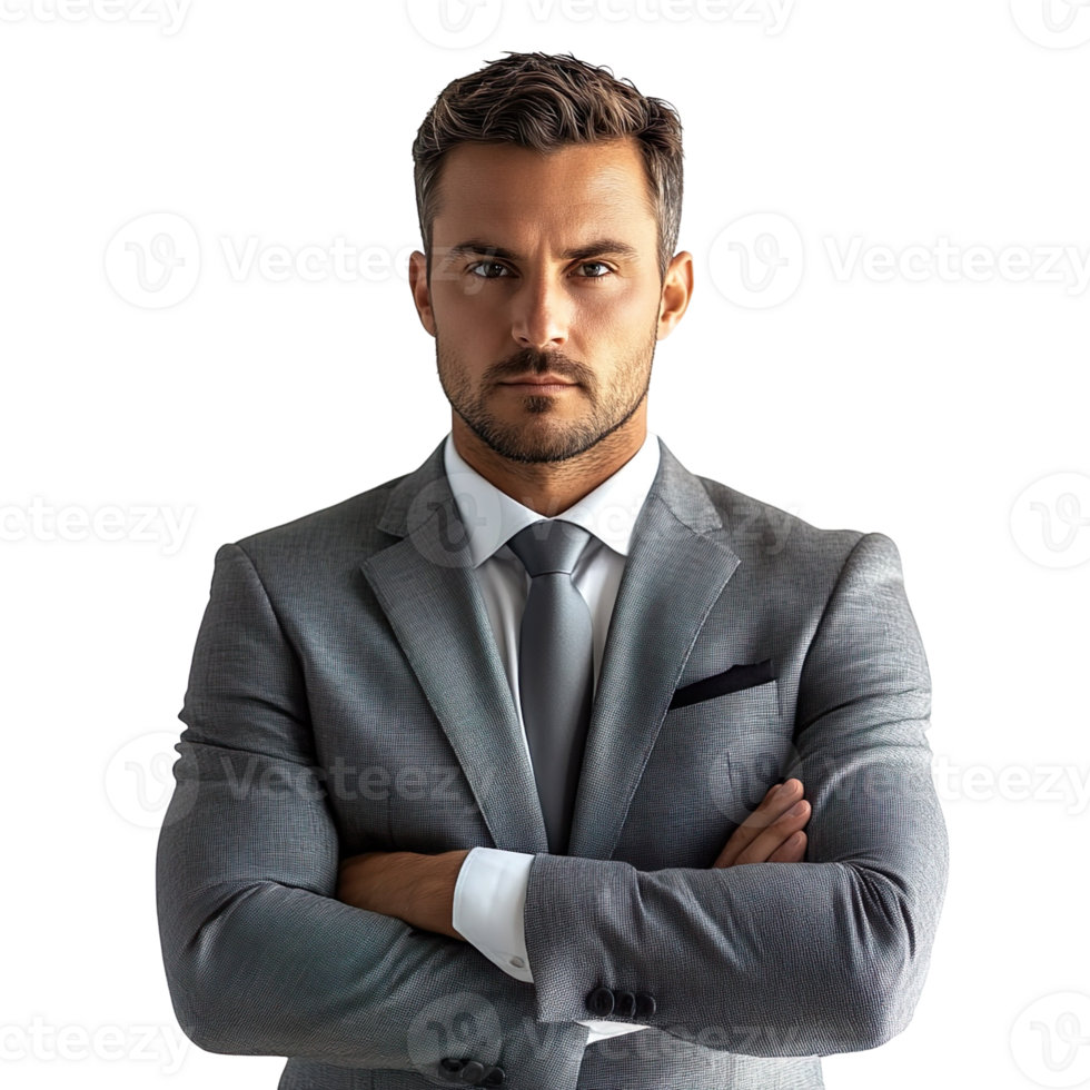 Serious businessman in grey suit isolated on transparent background ...