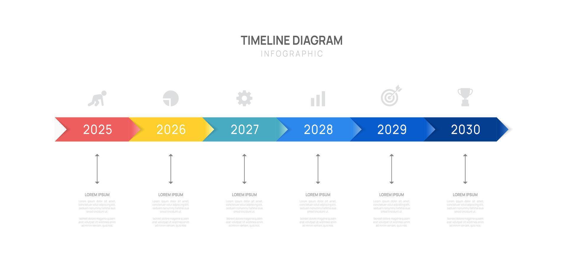 Timeline infographic with arrows and icons from 2025 to 2030 for business planning or project ...