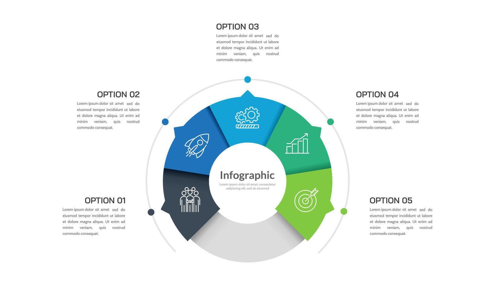 negocio visualización infografía circulo diseño modelo con 5 5 opciones, pasos o procesos ...