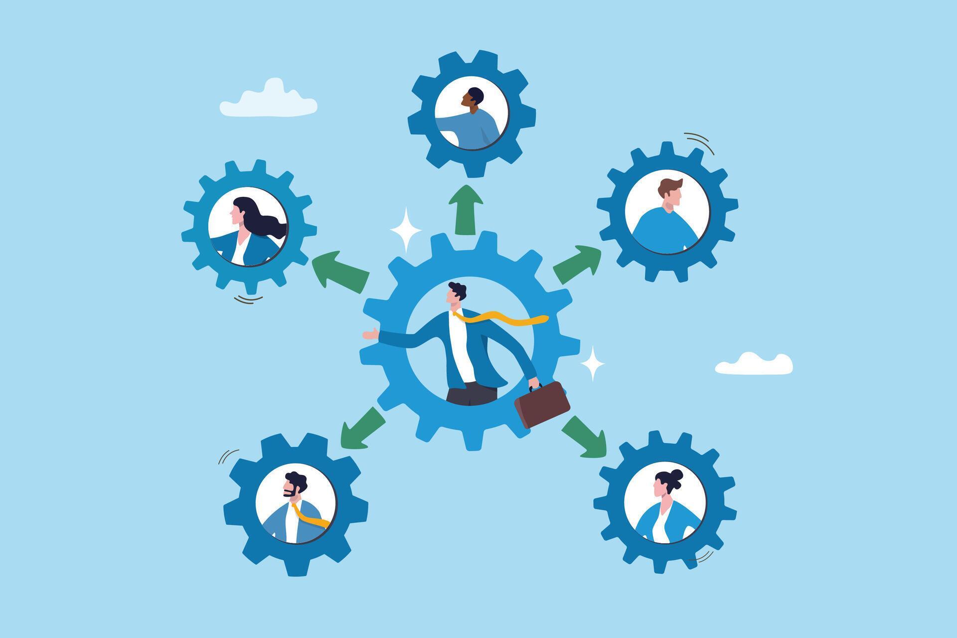 Work delegation, assign responsibility, collaboration task, teamwork efficiency or team ...