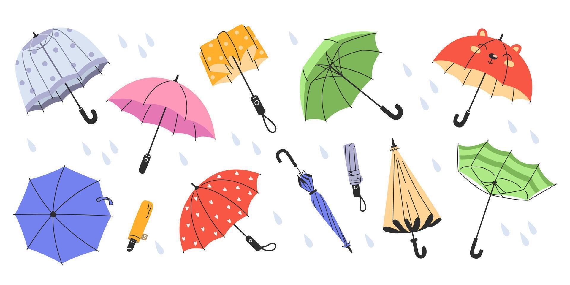 Cute spring umbrella collection with colorful designs. Open and closed umbrellas, seasonal ...