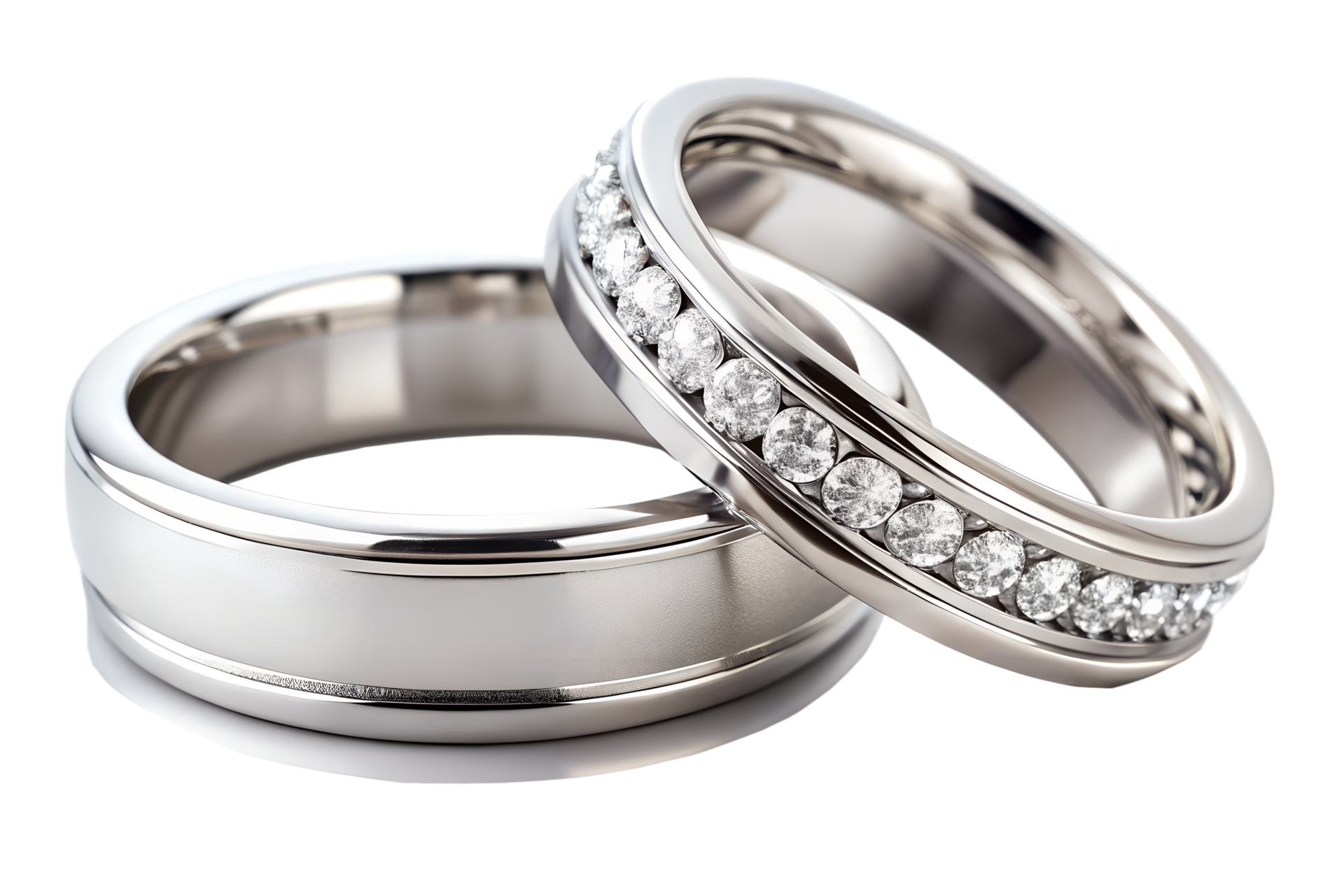 Two Silver Wedding Rings With Diamonds on Transparent Background Close Up Rendered 59555338 PNG