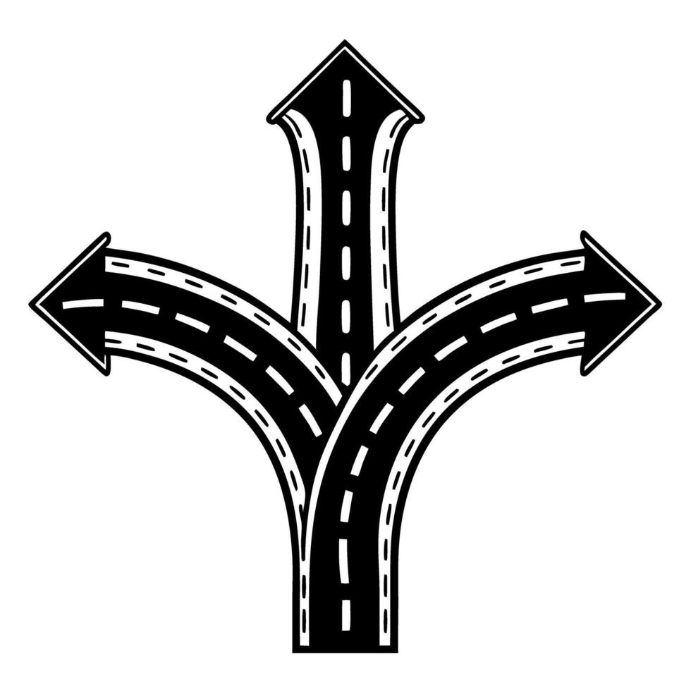 Three way road intersection with arrows path direction, decision making concept in navigation ...