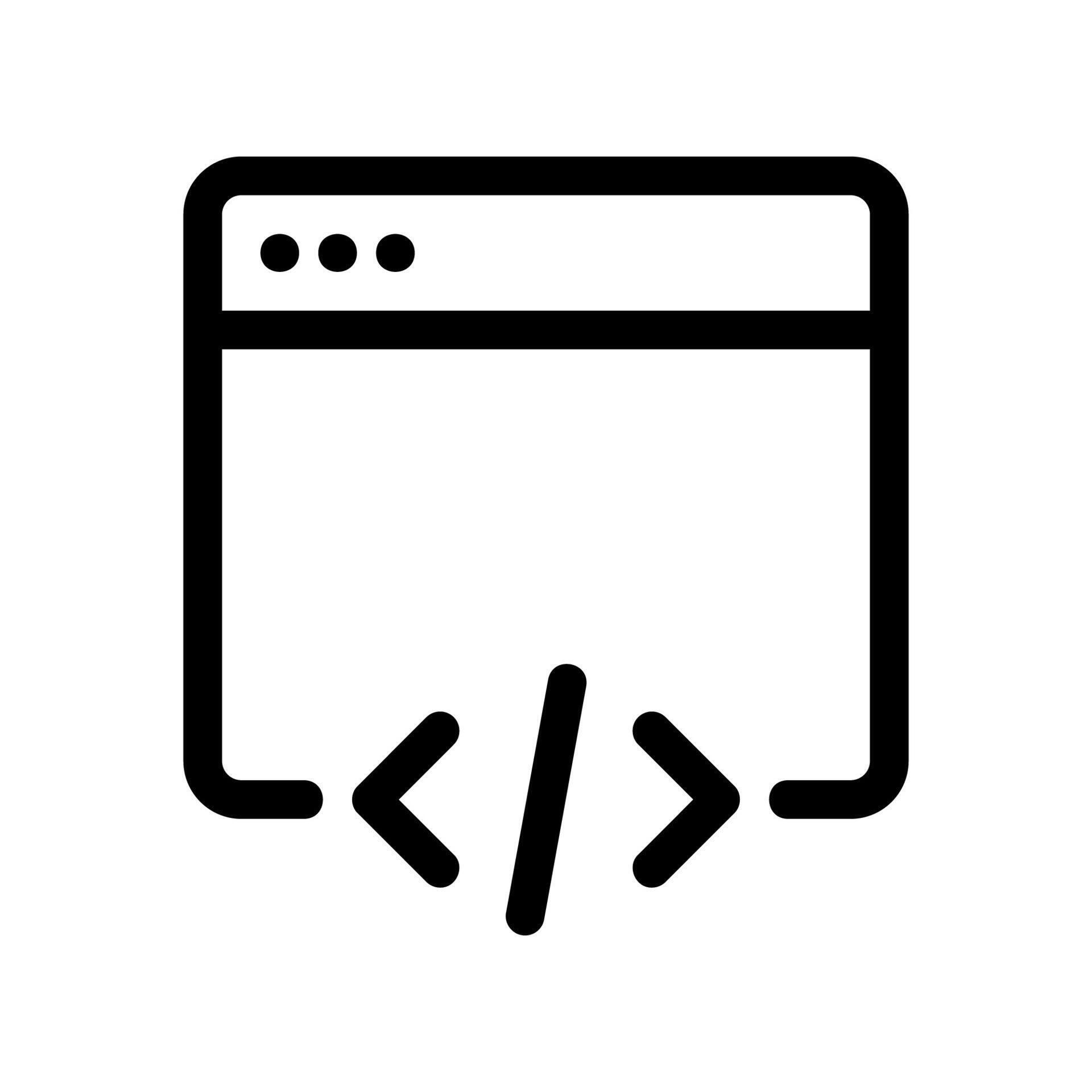 Black outline browser window icon displaying HTML code brackets inside ...