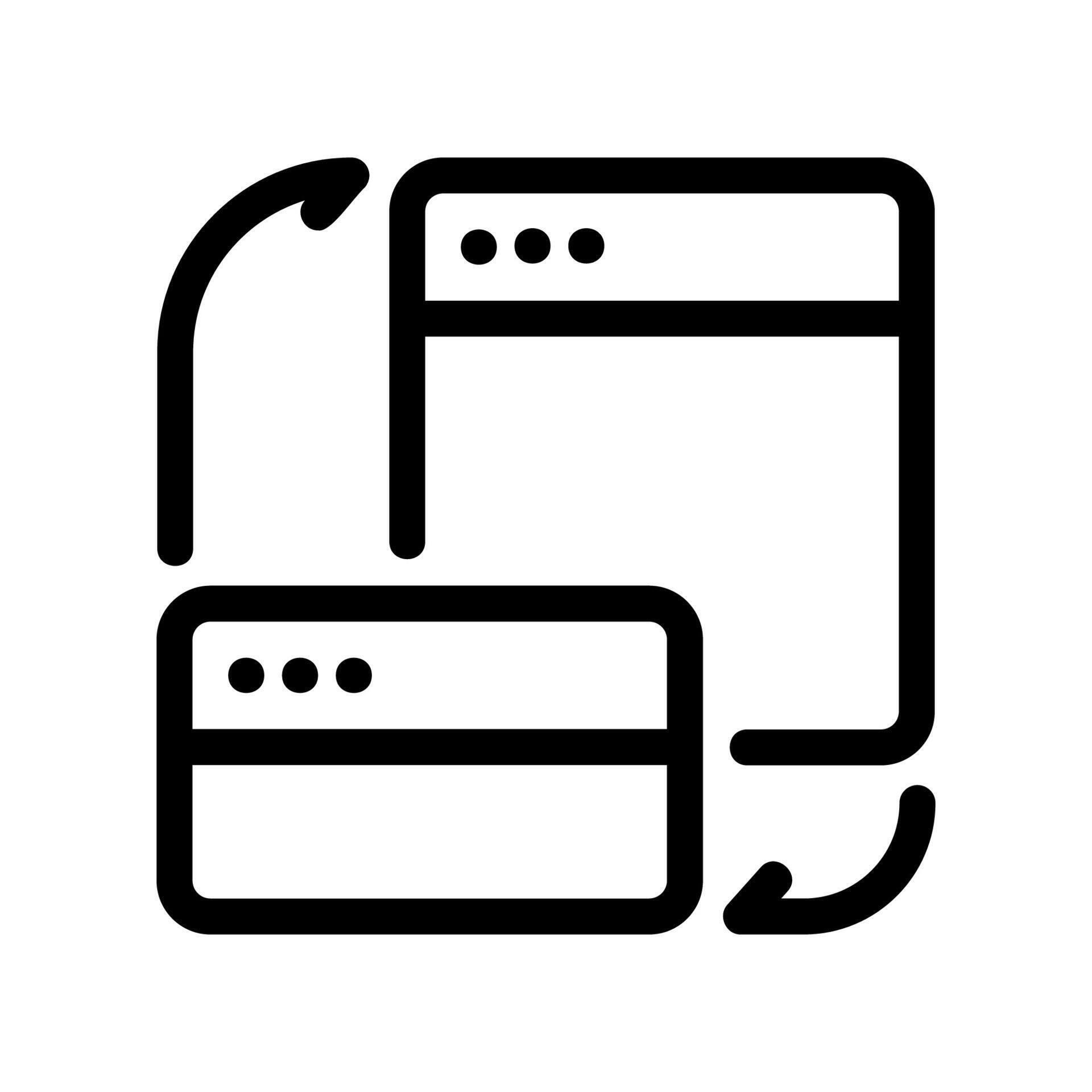 Black outline icon depicting two browser windows linked by curved transfer arrows 59557519 ...