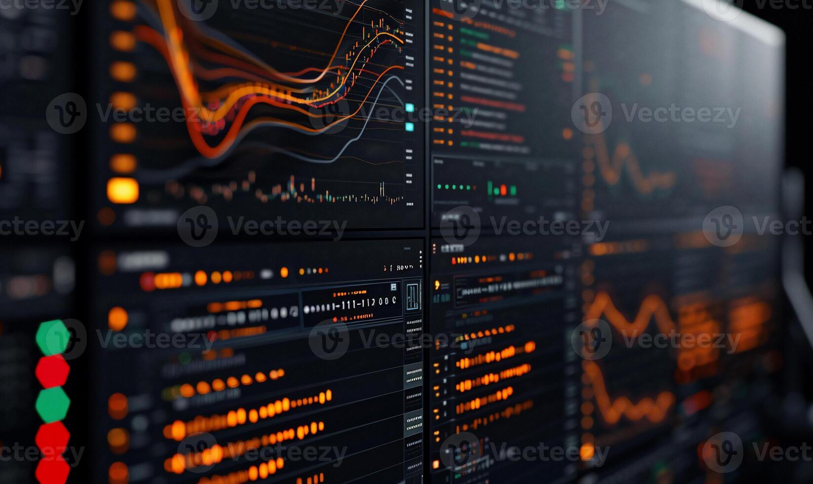 Wall-mounted trading dashboards display various financial data. Multiple screens show stock ...