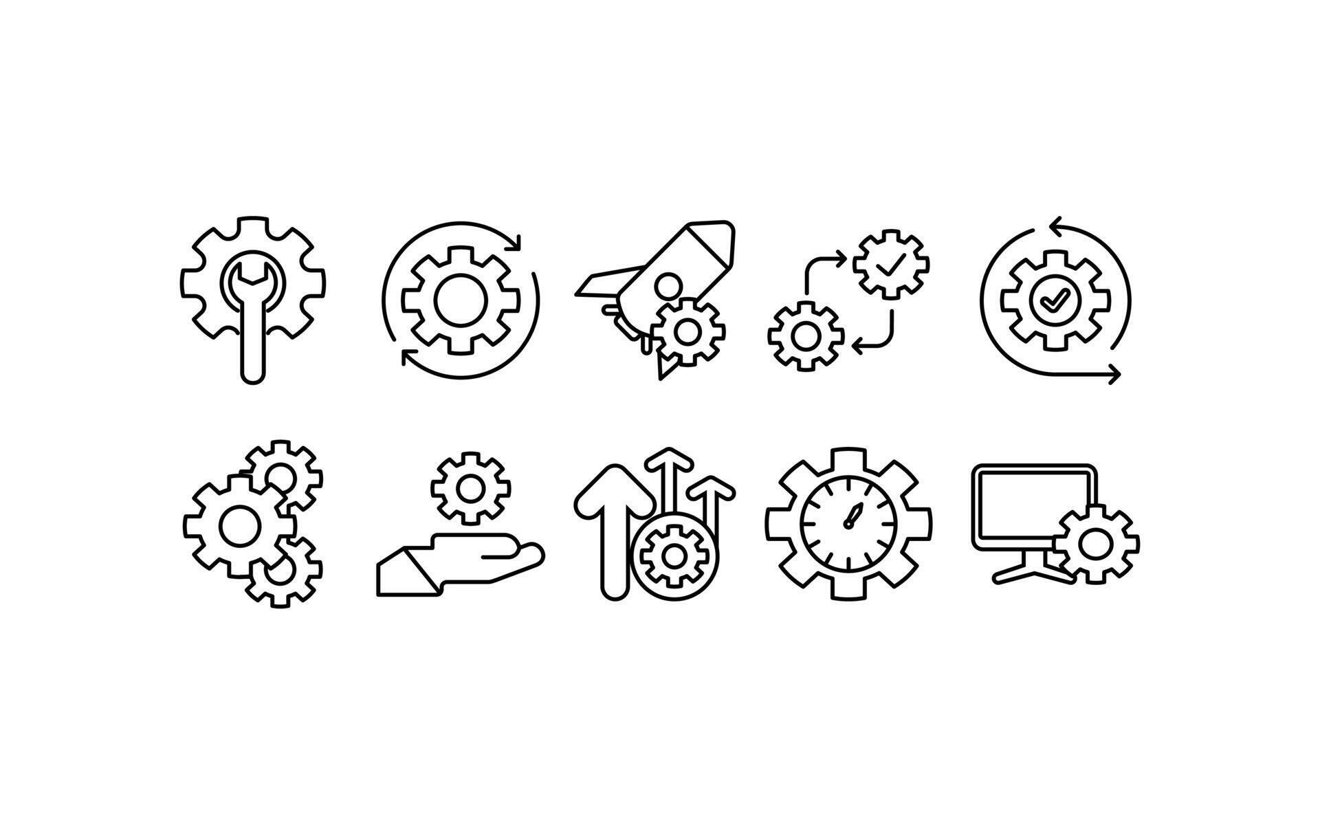 Gear setting icons show process stages. Ideal for user interfaces, presentations, technical ...
