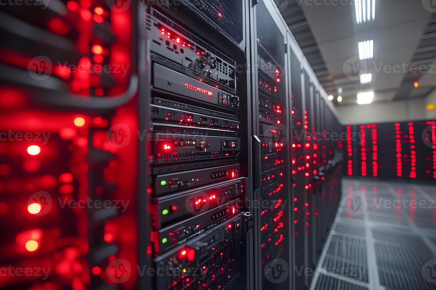Advanced Data Center Server Racks with Illuminated Red Indicator Lights for High-Tech Operations ...