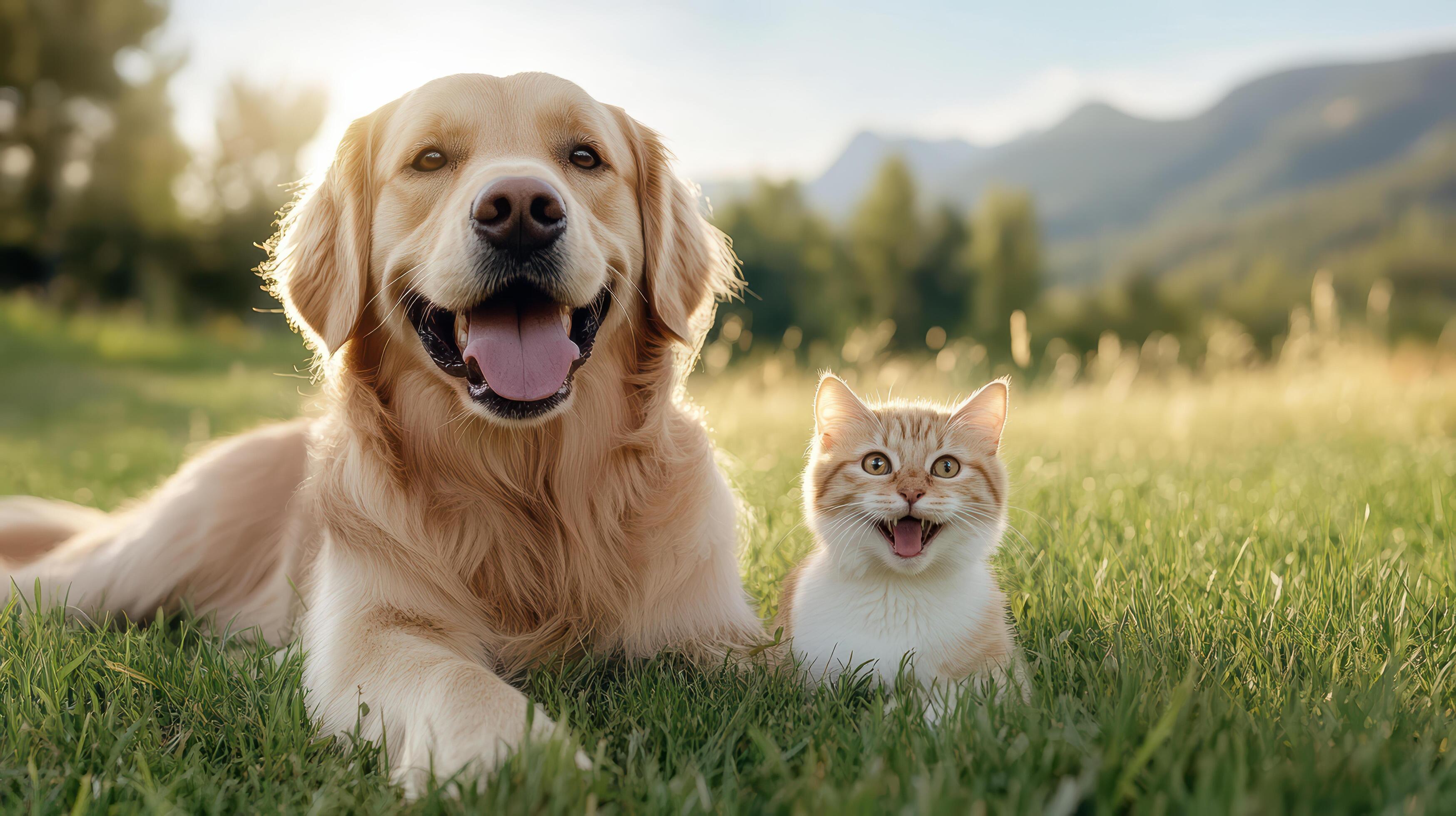 dog and cat sharing joyful moment in sunny meadow 59570511 Stock Photo at Vecteezy