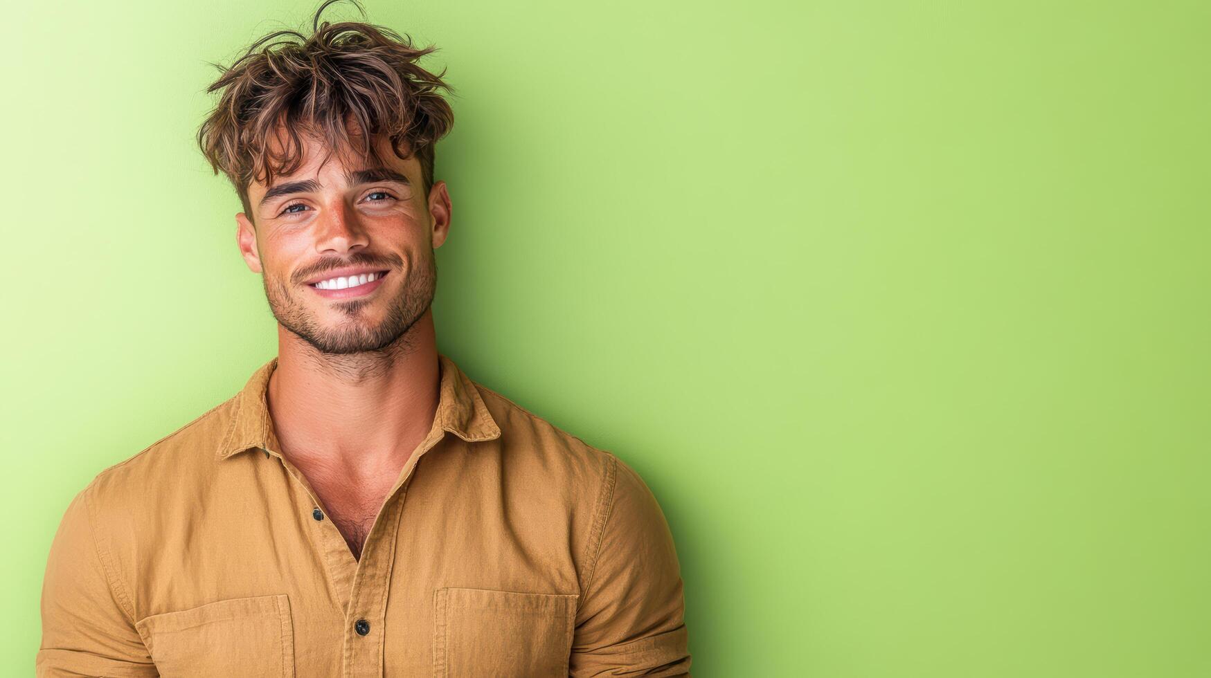Portrait of a handsome young man smiling against green background ...