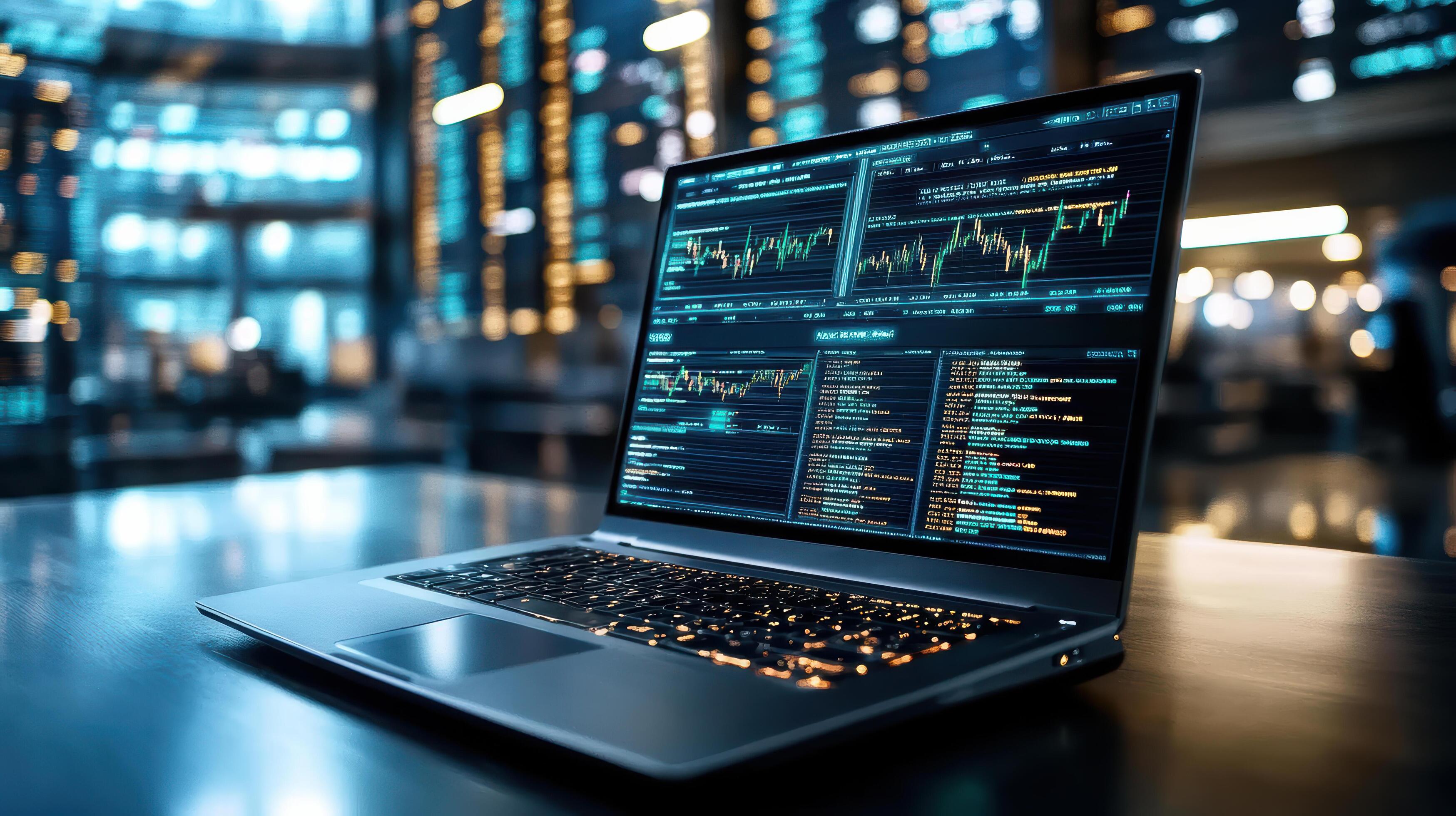 high tech laptop displaying financial market dashboard with data ...
