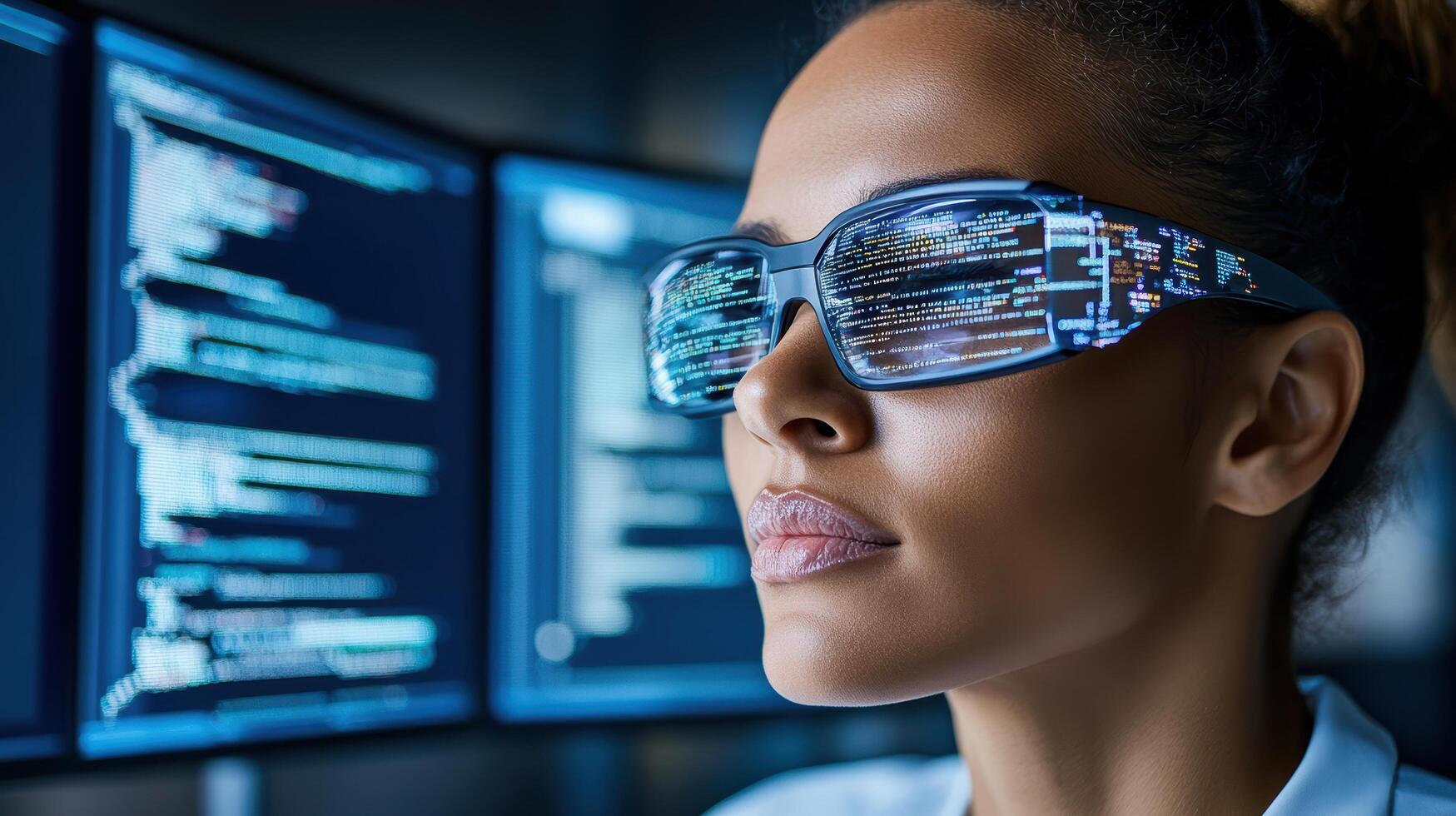 focused programmer wearing smart glasses, reflecting code on screens 59575513 Stock Photo at ...
