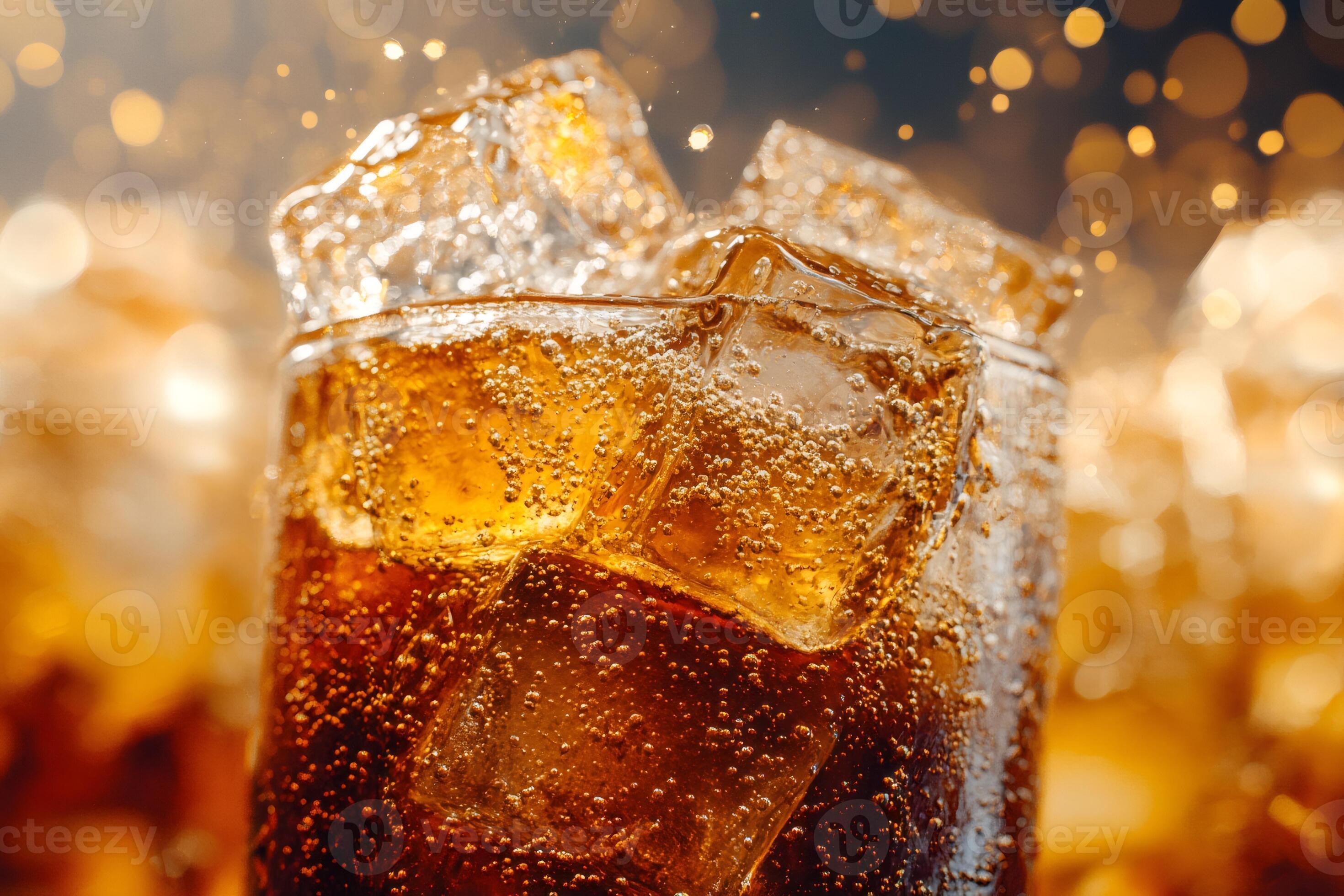 Refreshing fizzy cola with ice cubes splashing on golden bokeh background 59583173 Stock Photo ...
