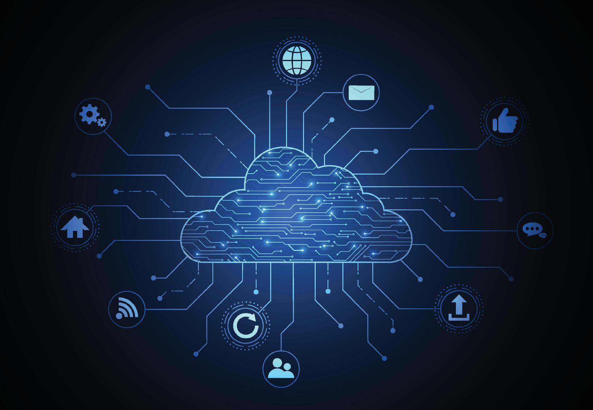 Cloud networking computing connection with internet icons concept circuit design. Digital data ...
